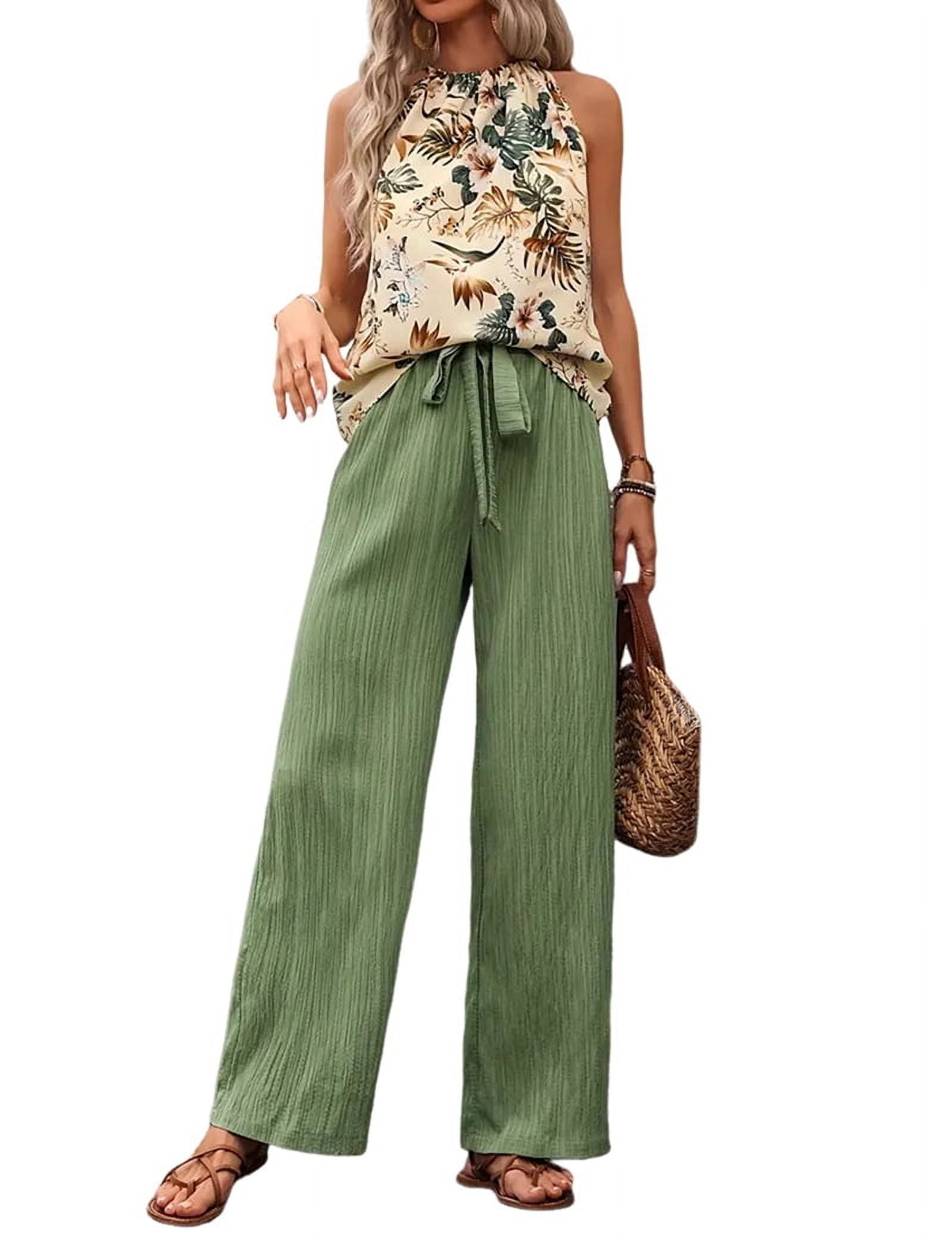 Womens Summer 2 Piece Outfits Sleeveless Crop Top Flowy Wide Leg Pants ...