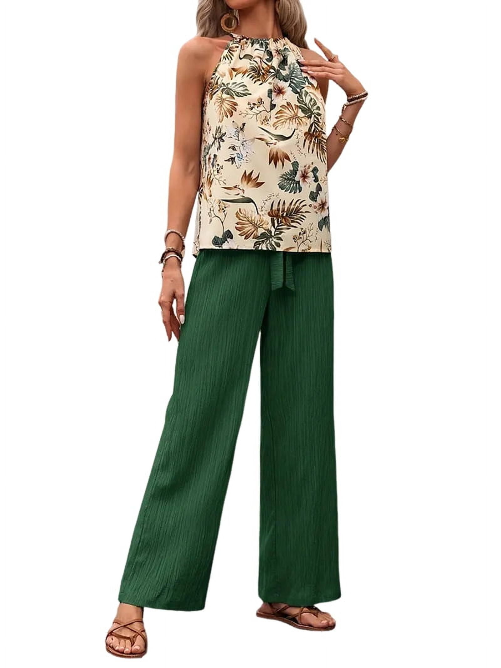 Womens Summer 2 Piece Outfits Sleeveless Crop Top Flowy Wide Leg Pants ...