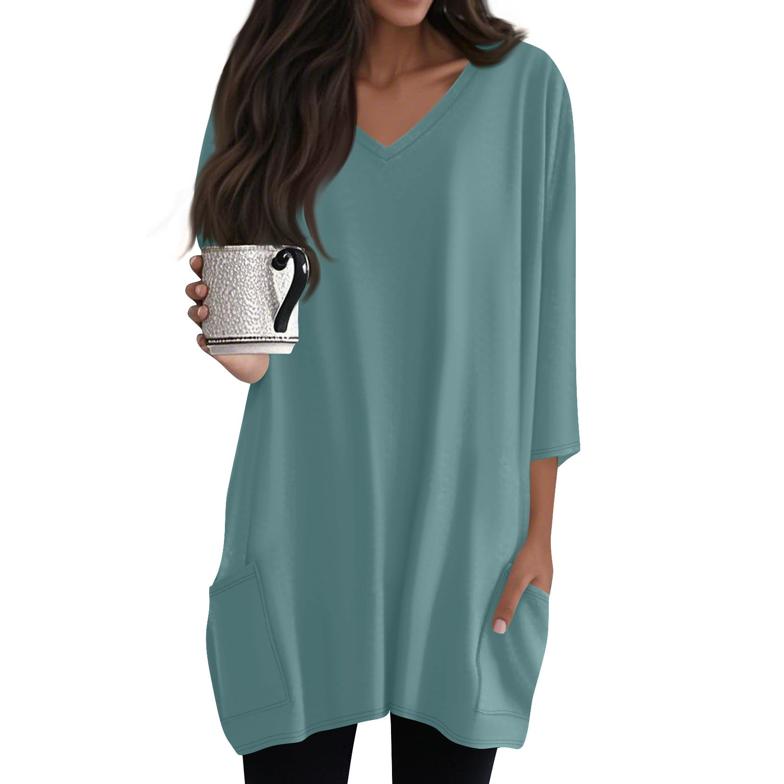 Womens Summer 2025 Casual 3/4 Sleeve V Neck Shirts Loose Fit Oversized ...