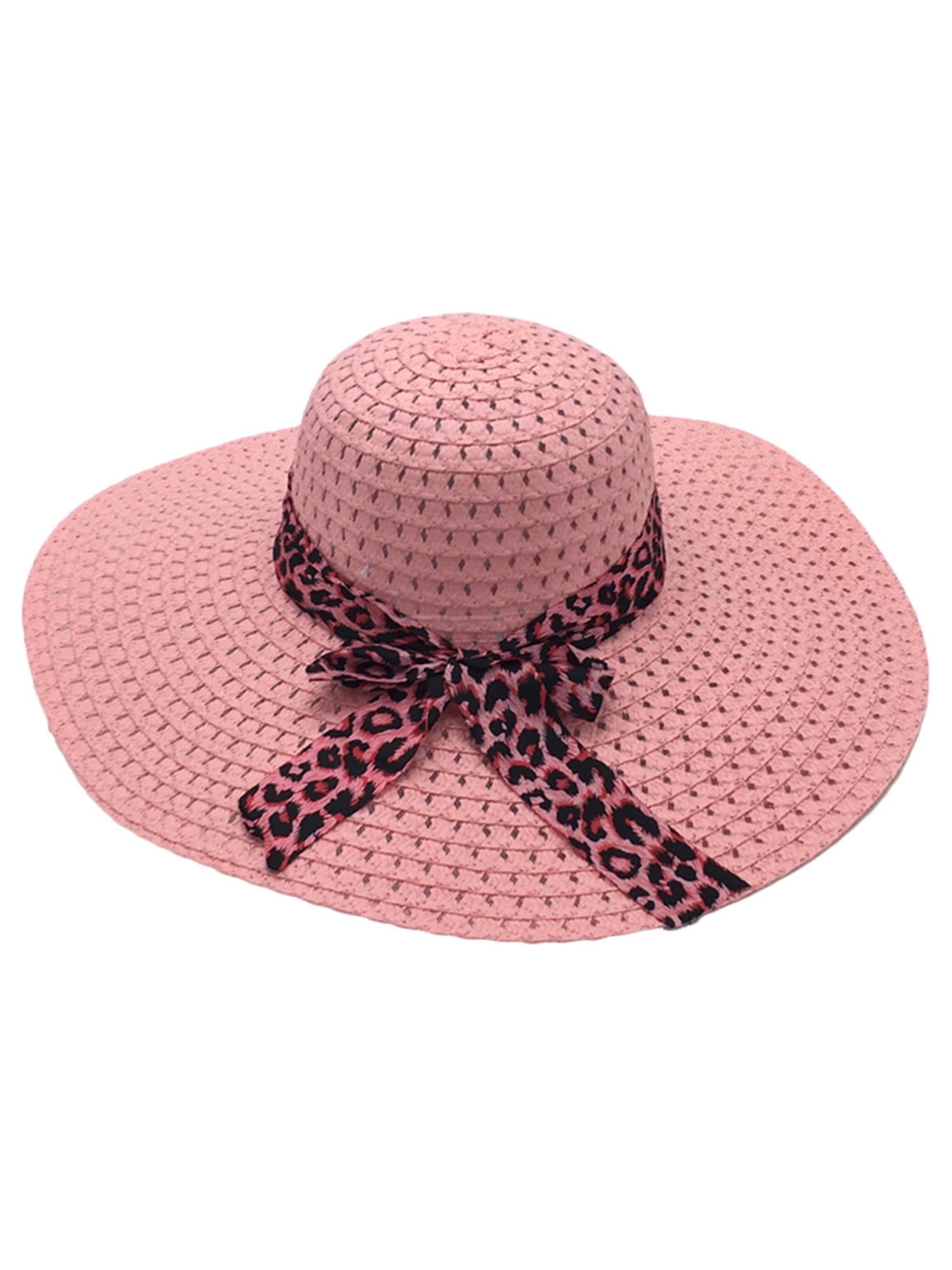 Womens Summer Beach Panama Straw Hat Wide Brim Leopard Bow Floppy Straw ...