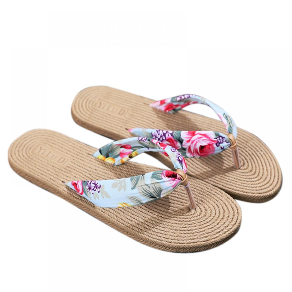 Womens Summer Beach SandalsCasual Woven Rattan Footbed Flip Flops Thong ...