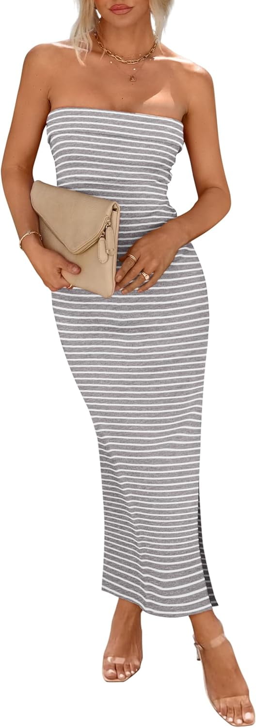 Womens Summer Bodycon Maxi Tube Dress Ribbed Strapless Side Slit Long Going Out Casual Elegant ...