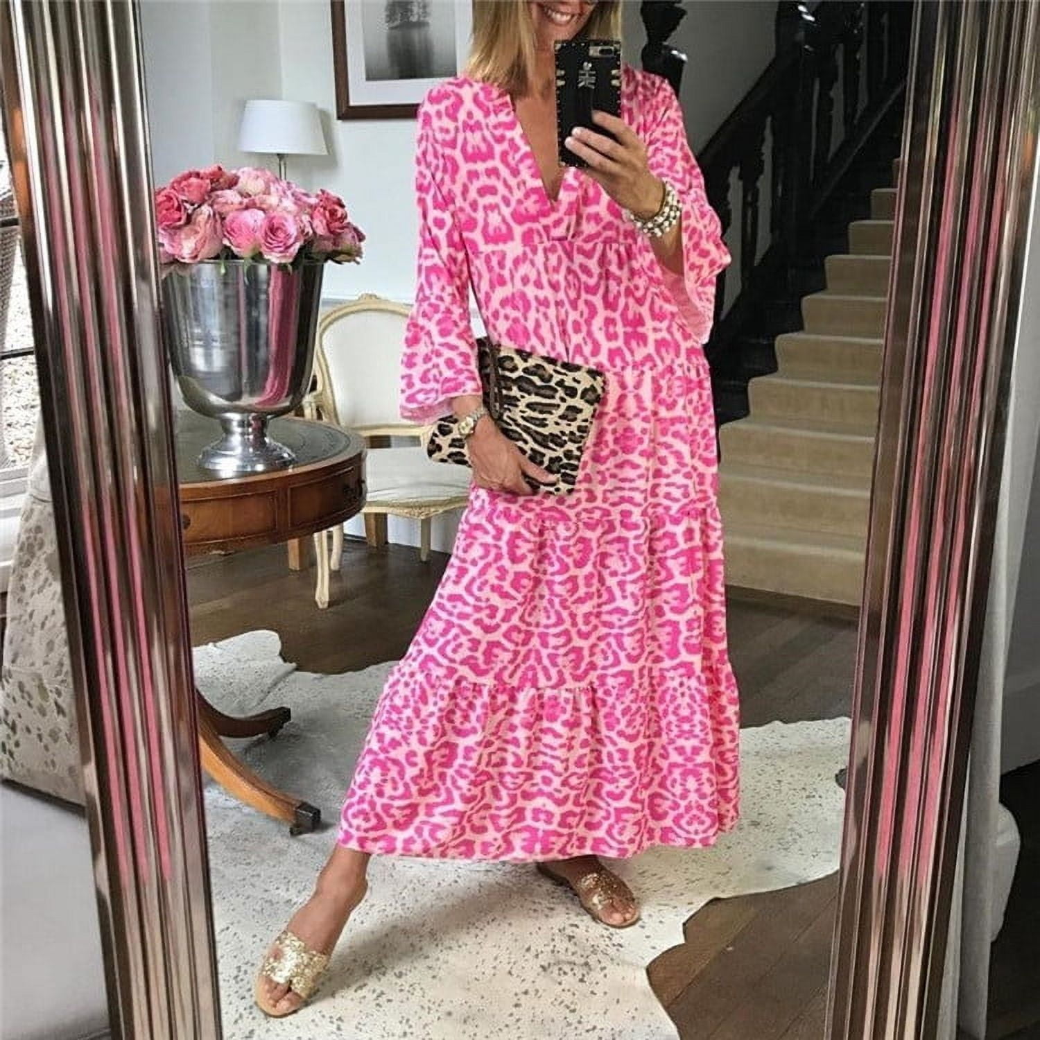 Womens Summer Boho Long Dress 3/4 Length Sleeve V Neck Casual Flowy ...