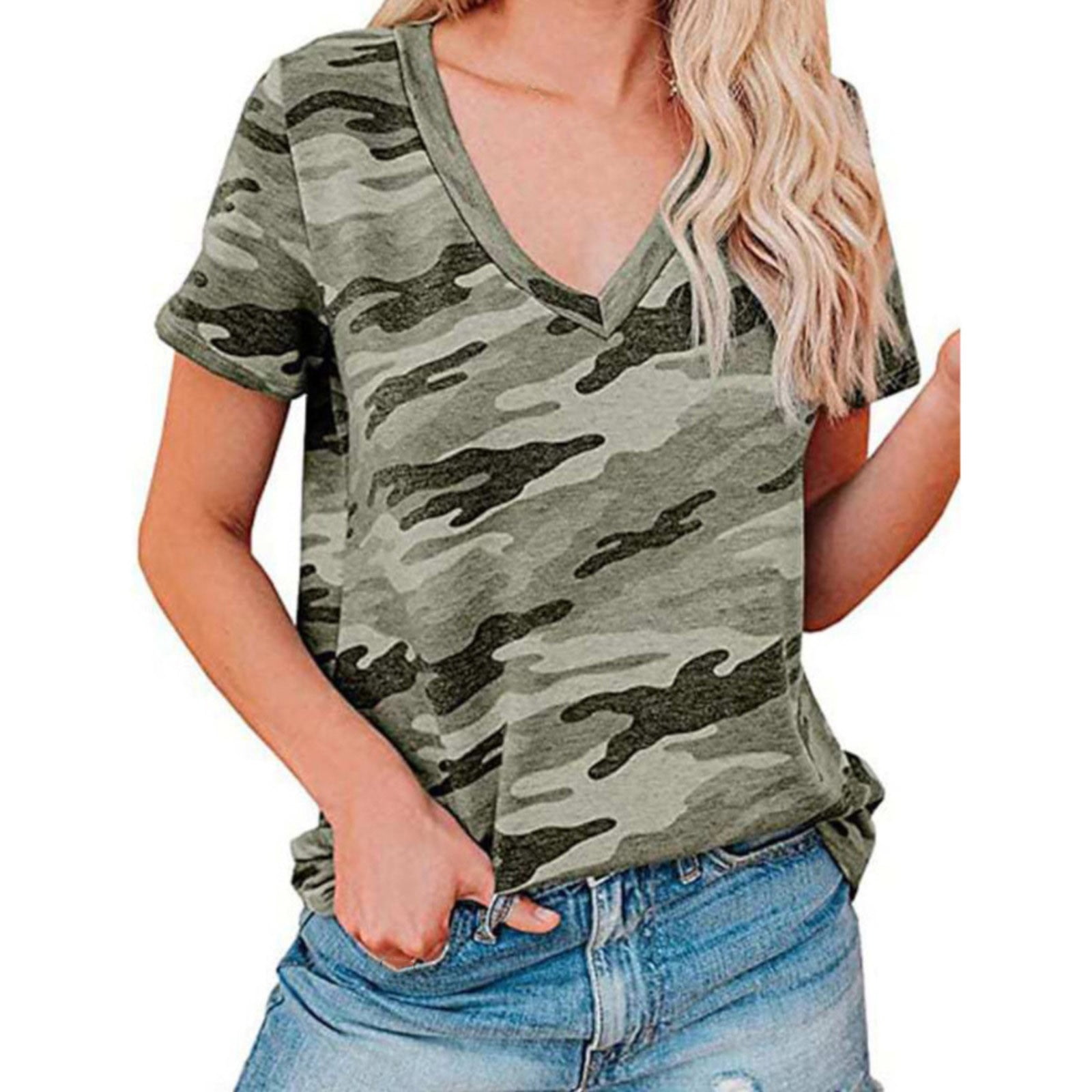 Women's Camo Print Short Sleeve V Neck T Shirts Casual Leopard Style ...