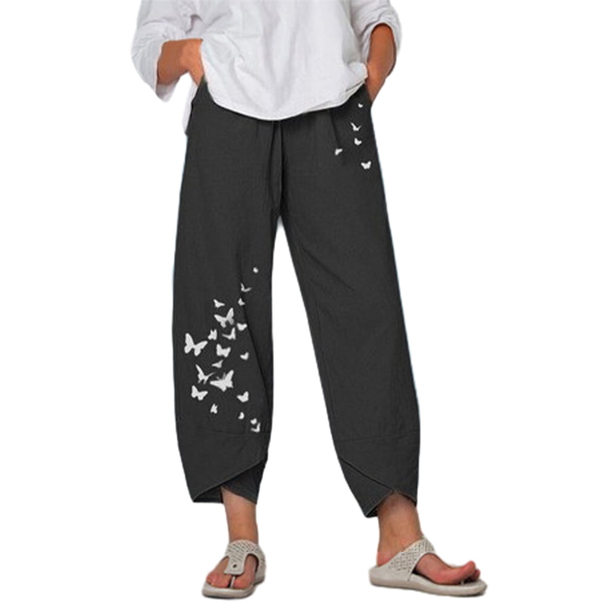 Womens Summer Casual Butterfly Print Wide Leg Pants Sports Lounge Pants ...