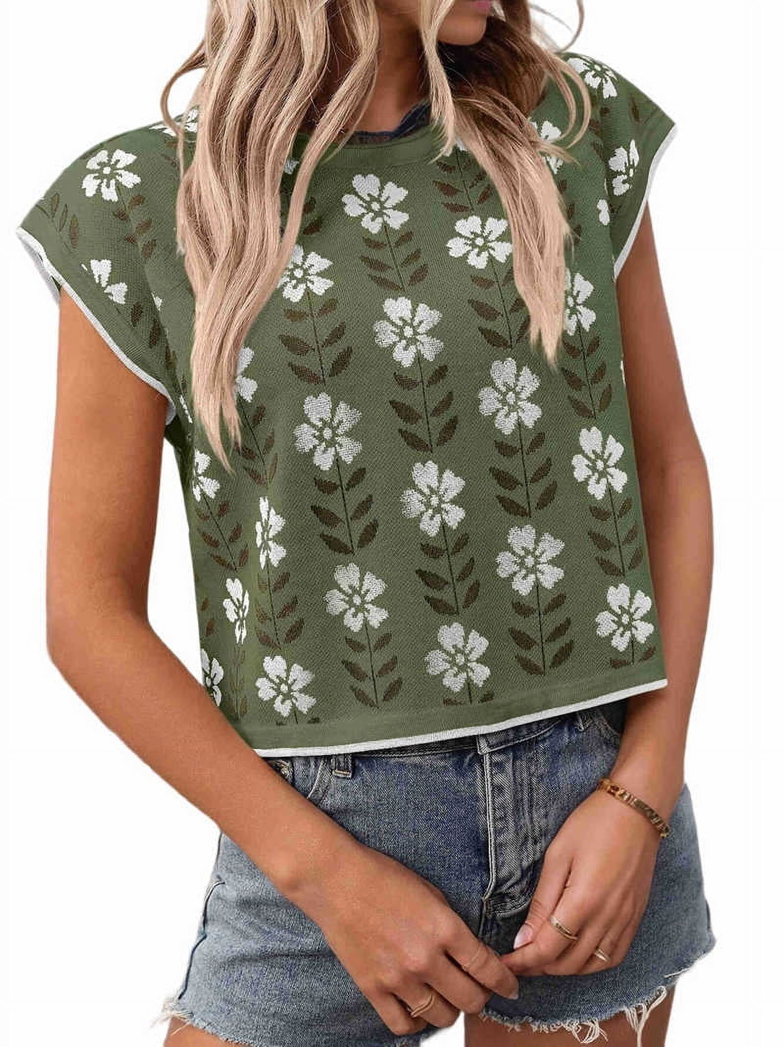 Womens Summer Casual Printed Tops Cap Sleeve Crew Neck Cute Knit ...