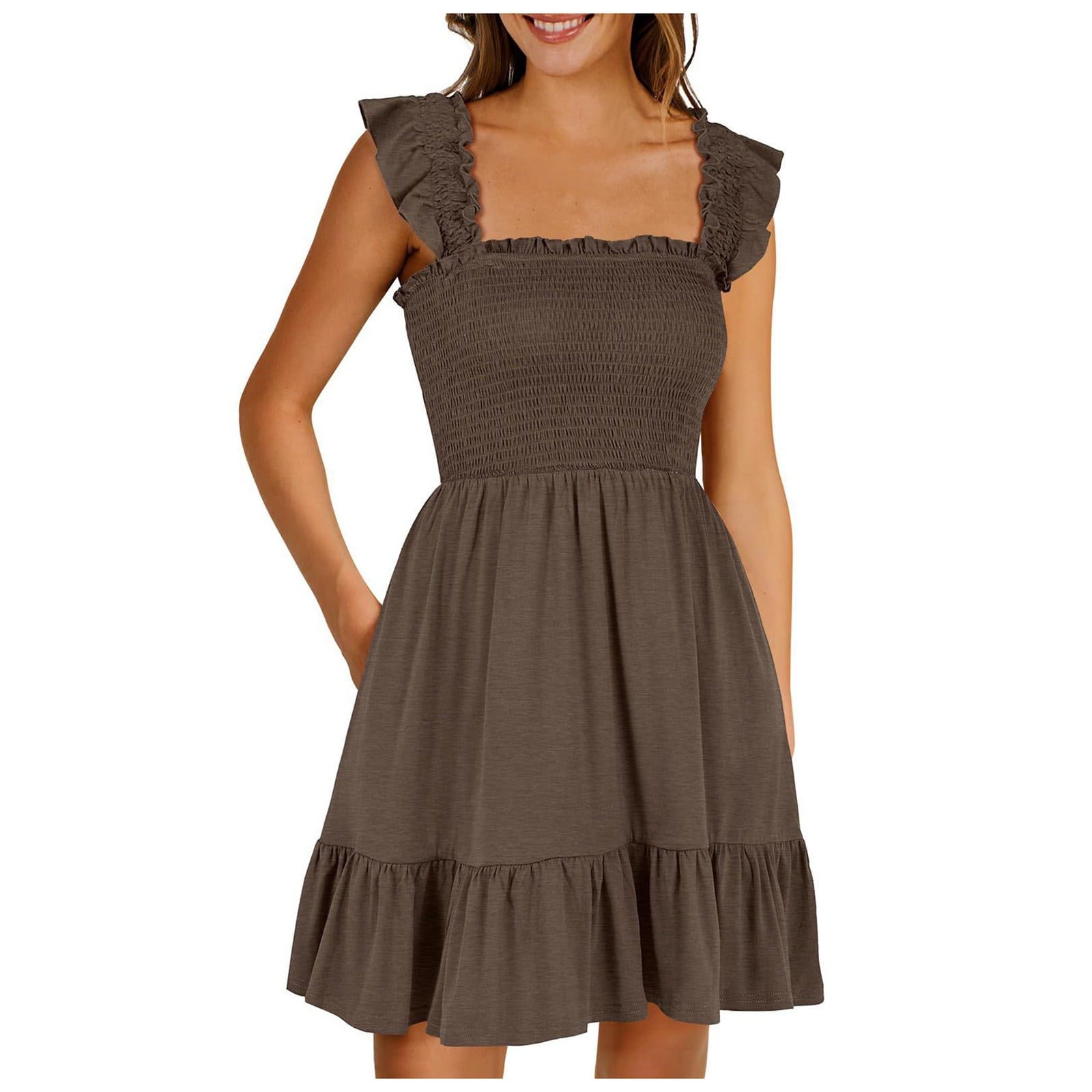 Womens Summer Casual Sleeveless Square Neck Smocked Ruffle Backless ...