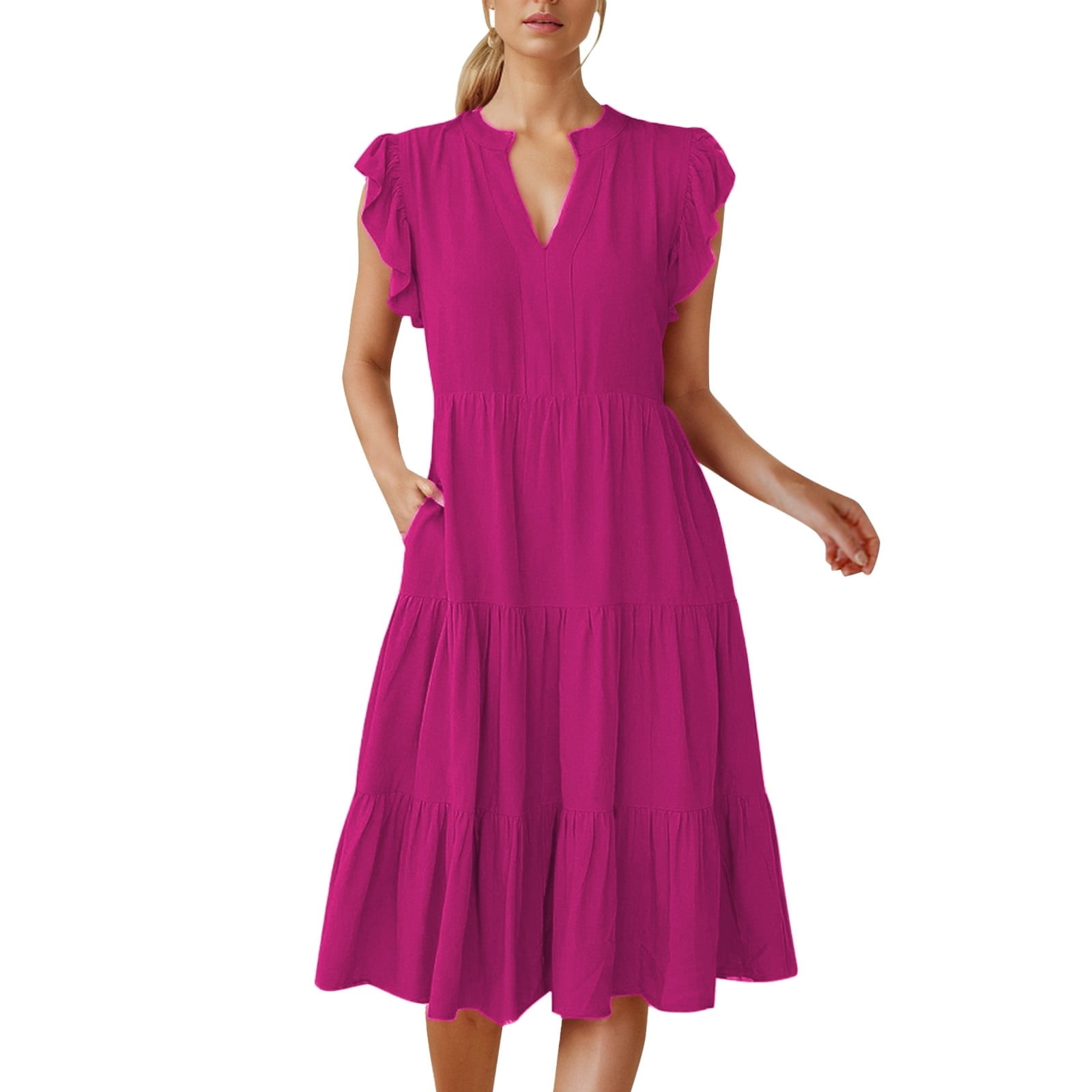 Womens Summer Dress Ruffle Sleeve V Neck Midi Dresses Fashion Casual ...