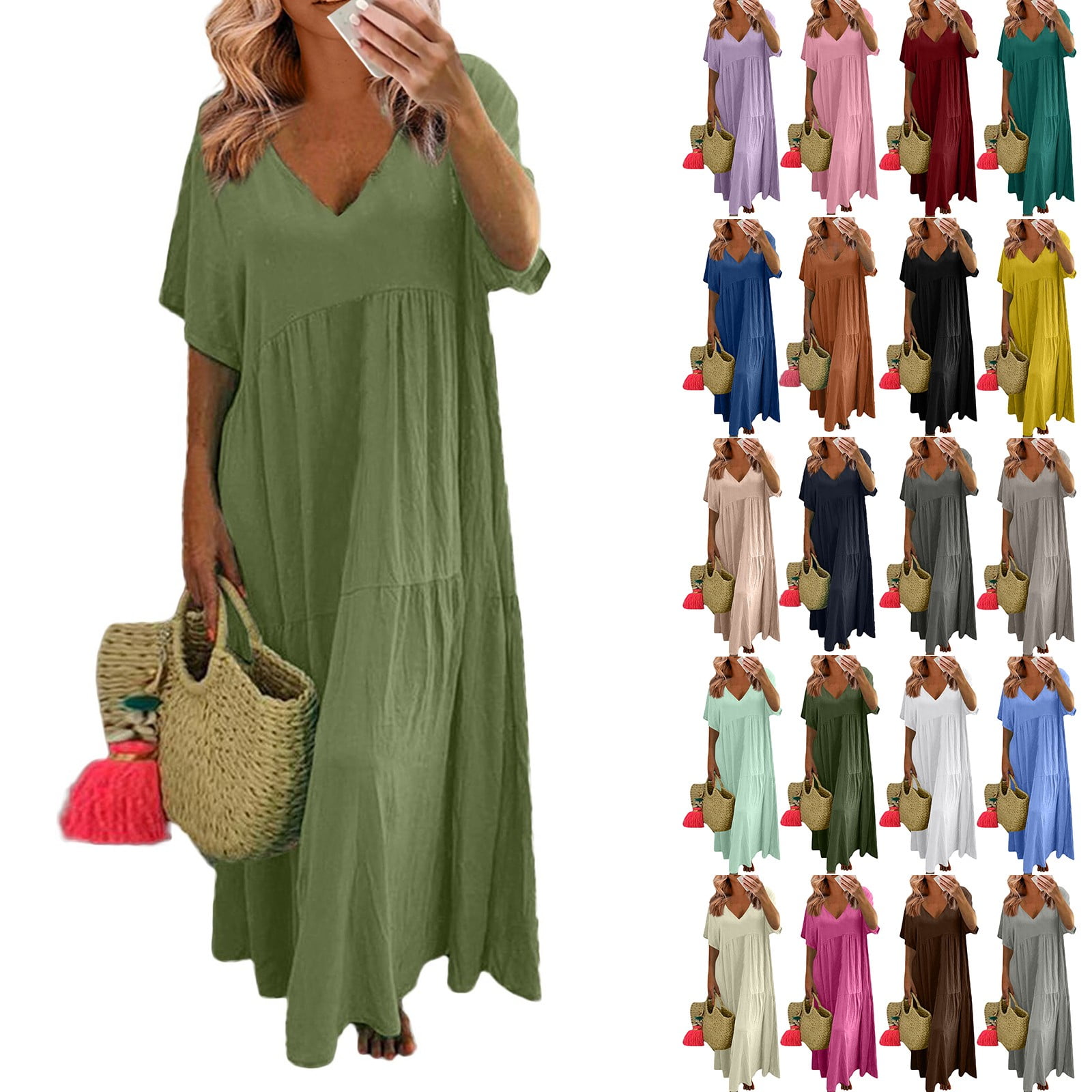 Womens Summer Dresses 2026 Cotton Linen Plus Size Short Sleeve V Neck ...