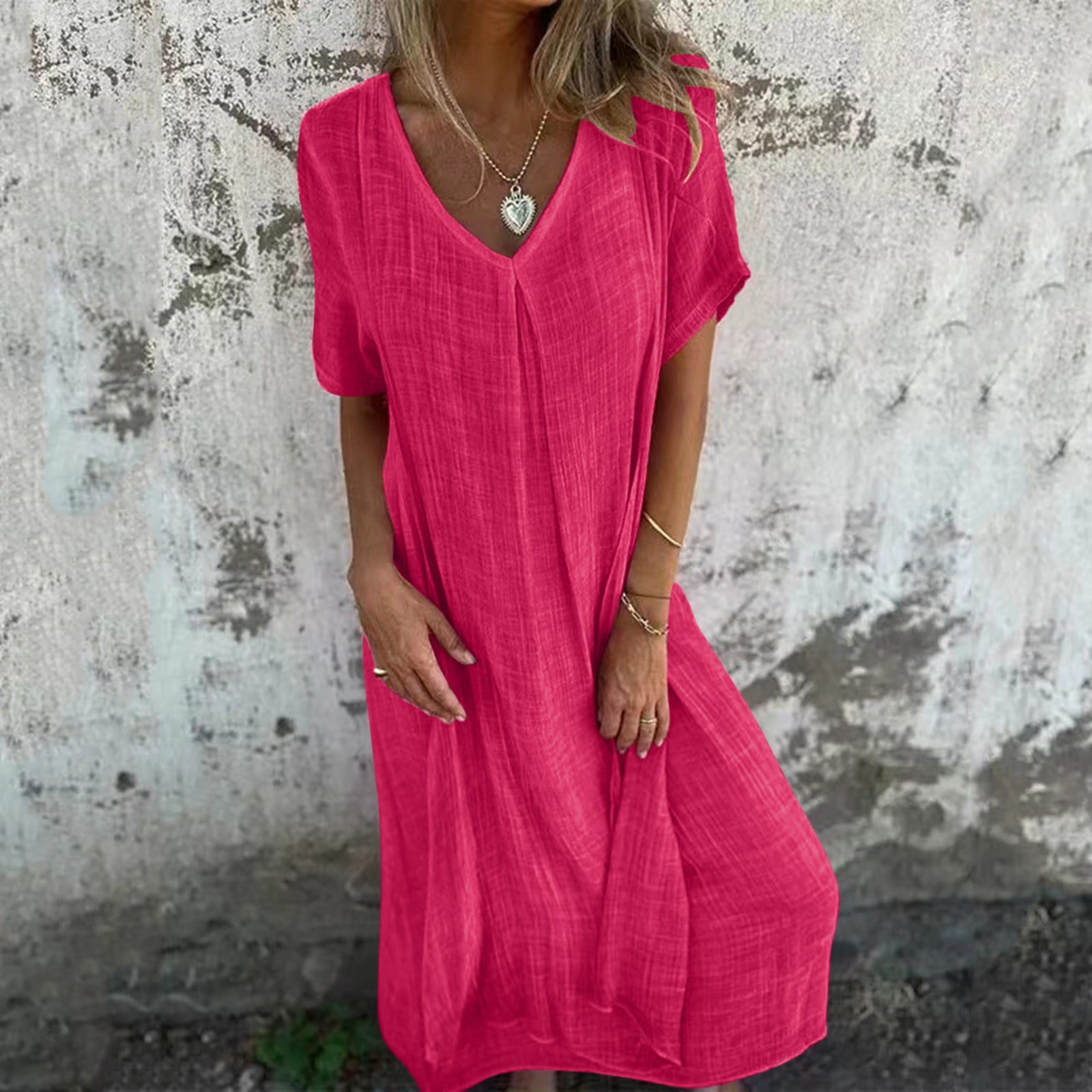 Womens Summer Dresses Casual Loose Fitting Long V Neck Short Sleeve ...