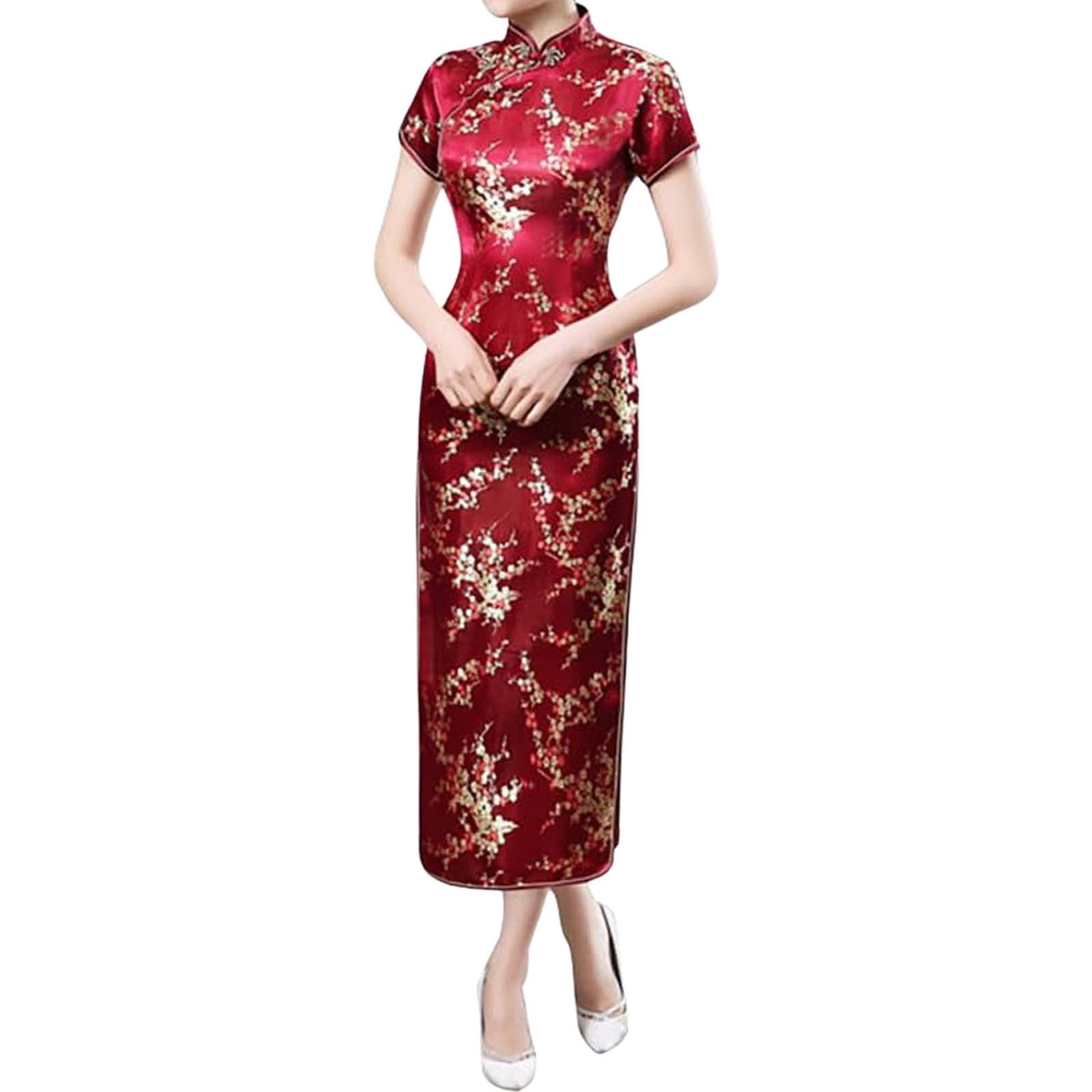 Womens Summer Dresses Floral Embroidered Short Sleeve Traditional Qipao ...