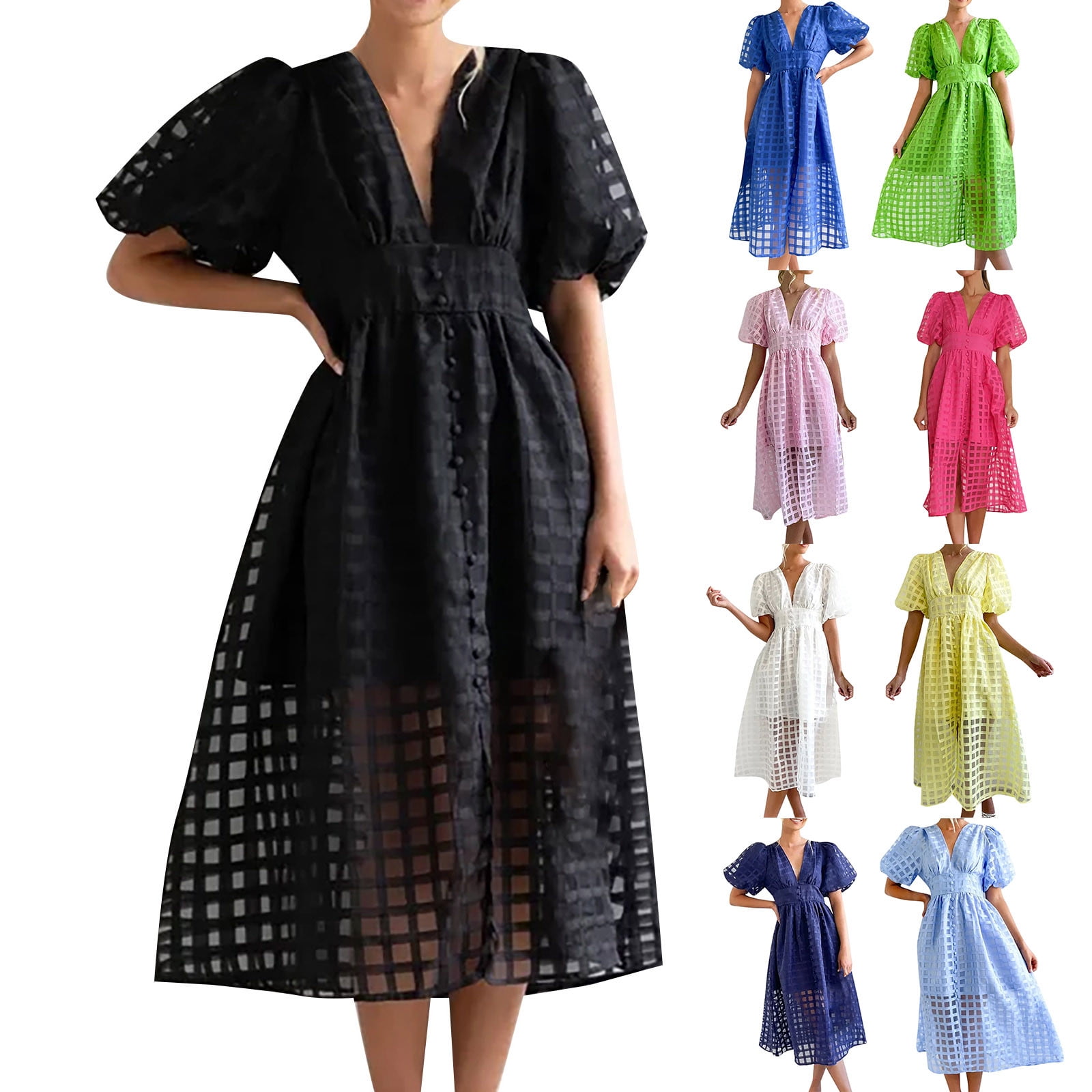 Womens Summer Dresses High Waist Puff Sleeves Flowy Belly Covering Slim ...