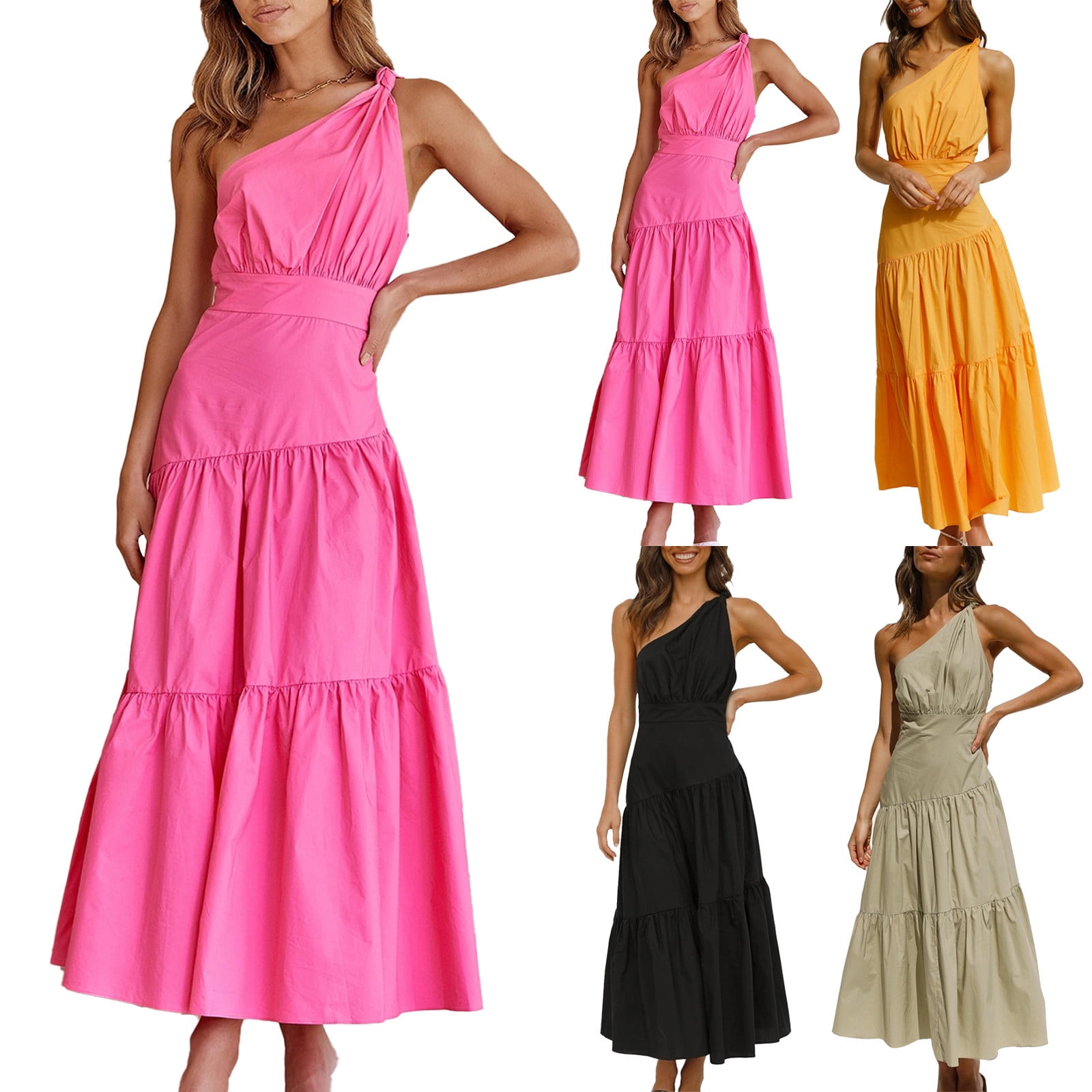 Womens Summer Dresses One Shoulder Tiered Ruffles Pleated Knot Solid ...