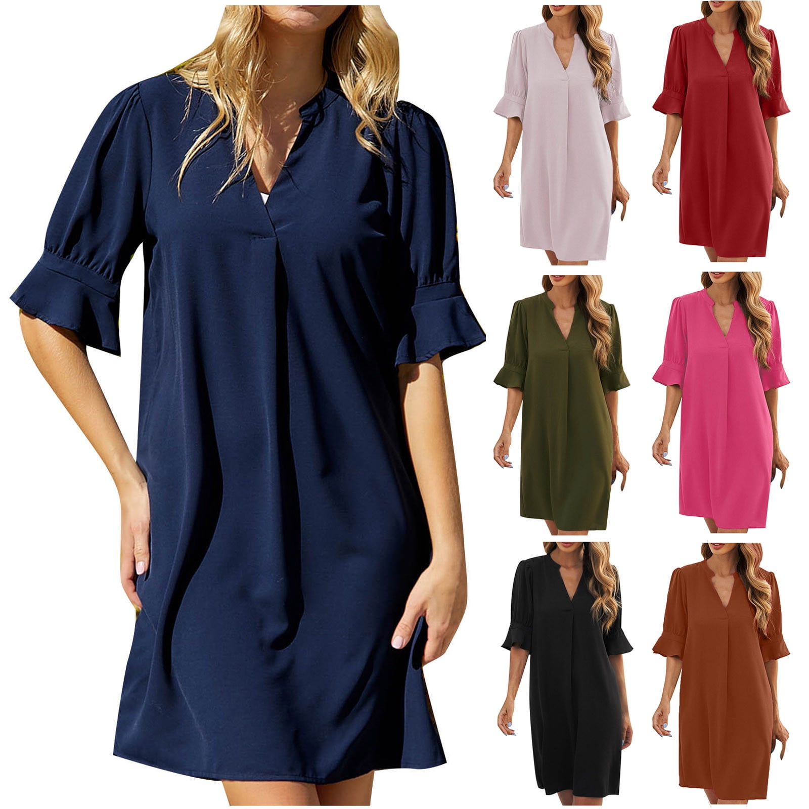 Womens Summer Dresses V-Neck Shirt Dress Solid Color Straight-Leg ...