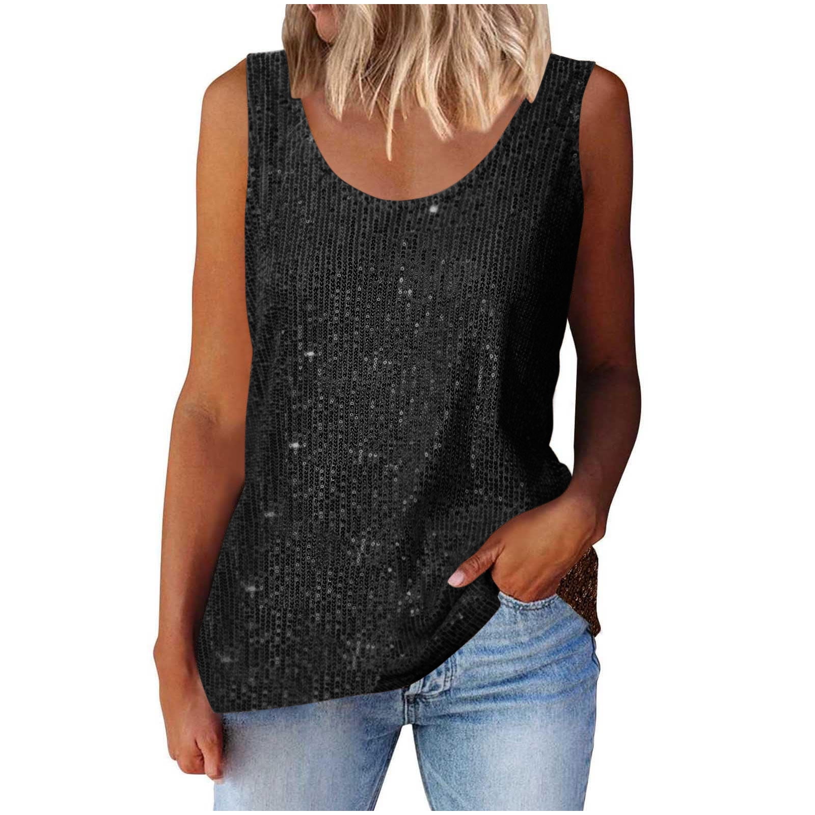 Womens Summer Fashion Sequin Tops Scoop Neck Sequin Sparkle Shimmer ...