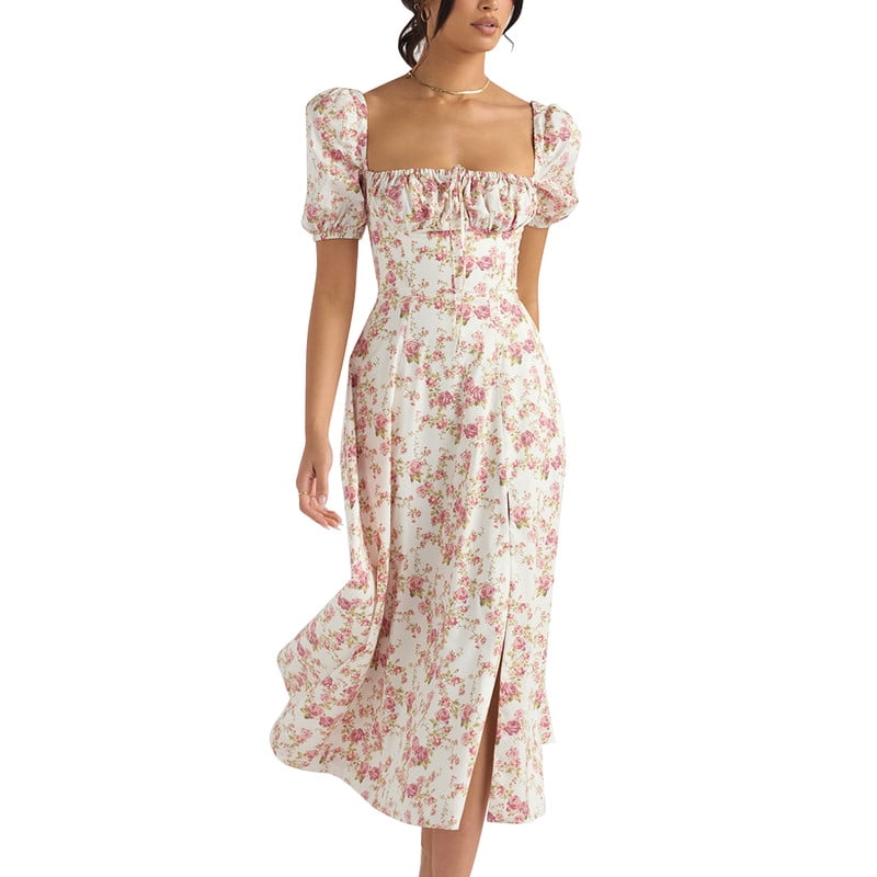 Womens Summer Floral Midi Dress 2024 Casual Boho Dresses Short Sleeve A ...