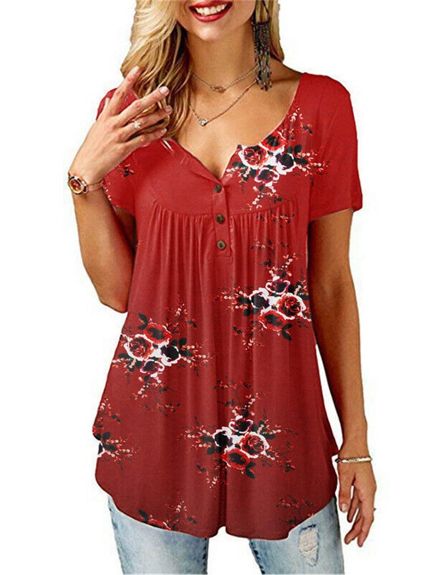 Womens Summer Floral V Neck Blouses Loose Baggy Tops Tunic T Shirts ...