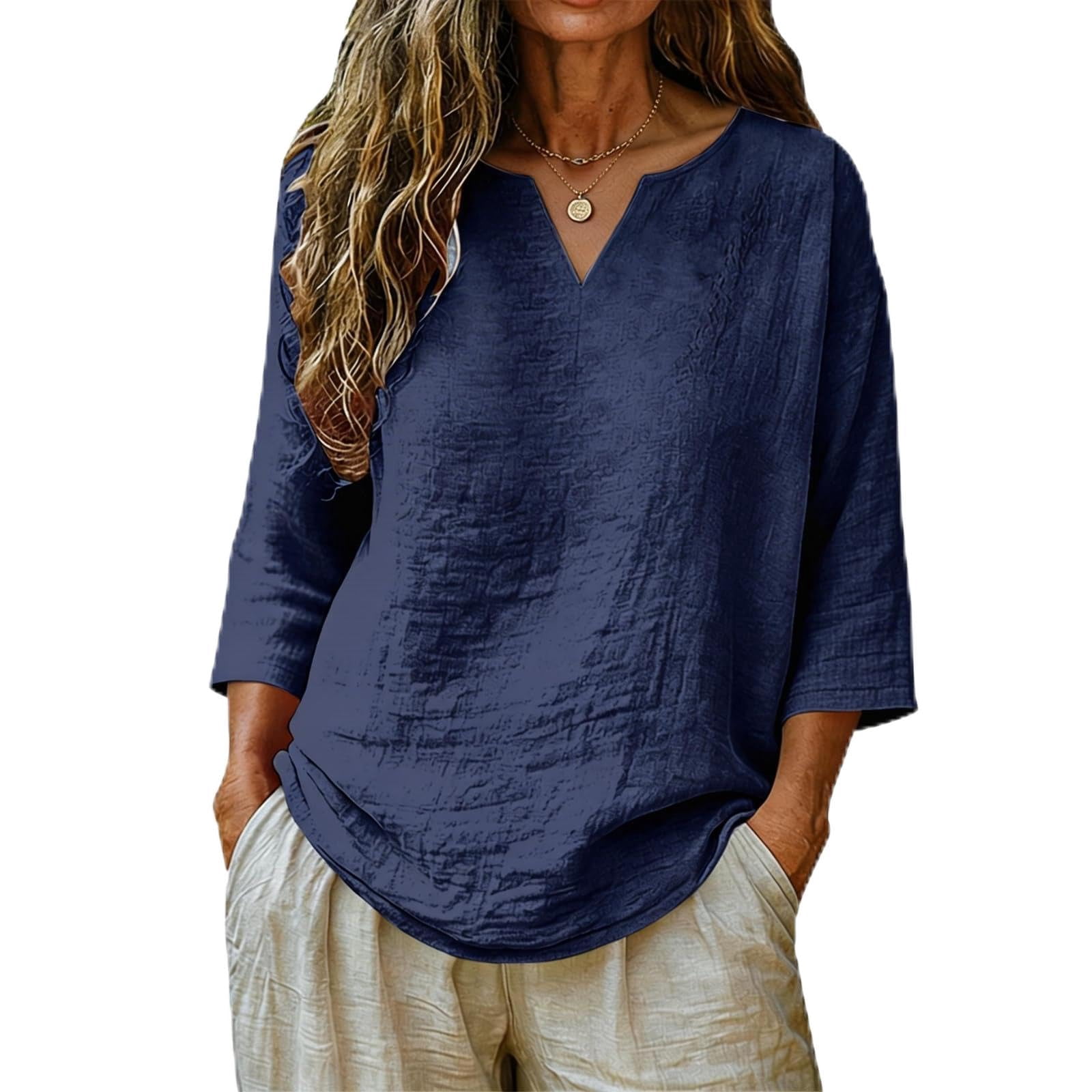Womens Summer Gauze Shirts 3/4 Sleeve V Neck Cotton Linen Blouses ...