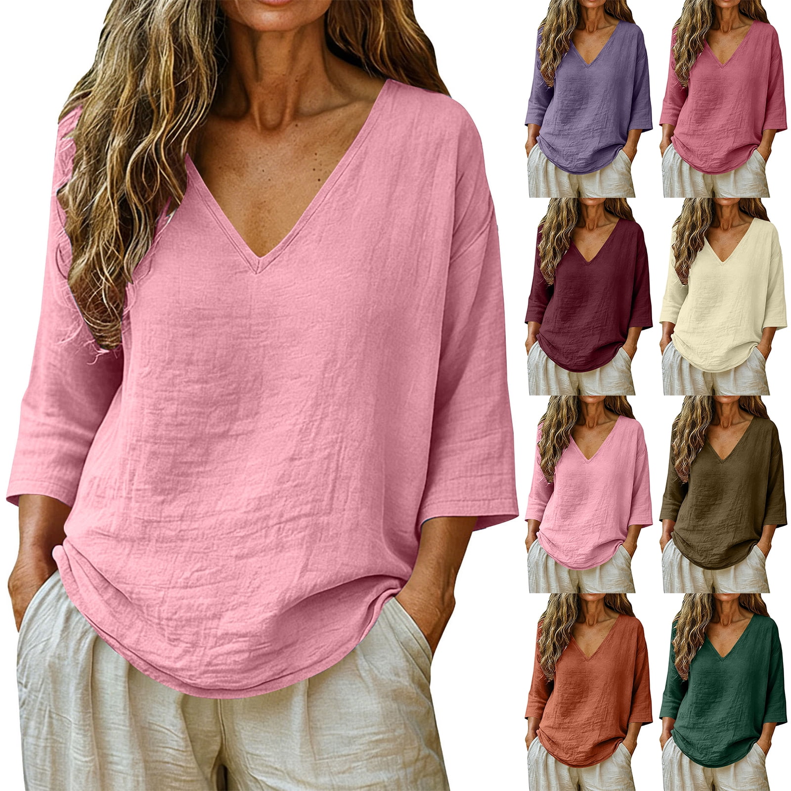 Womens Summer Gauze Tops Casual Linen Cotton Tunic Blouse 3/4 Sleeve V ...