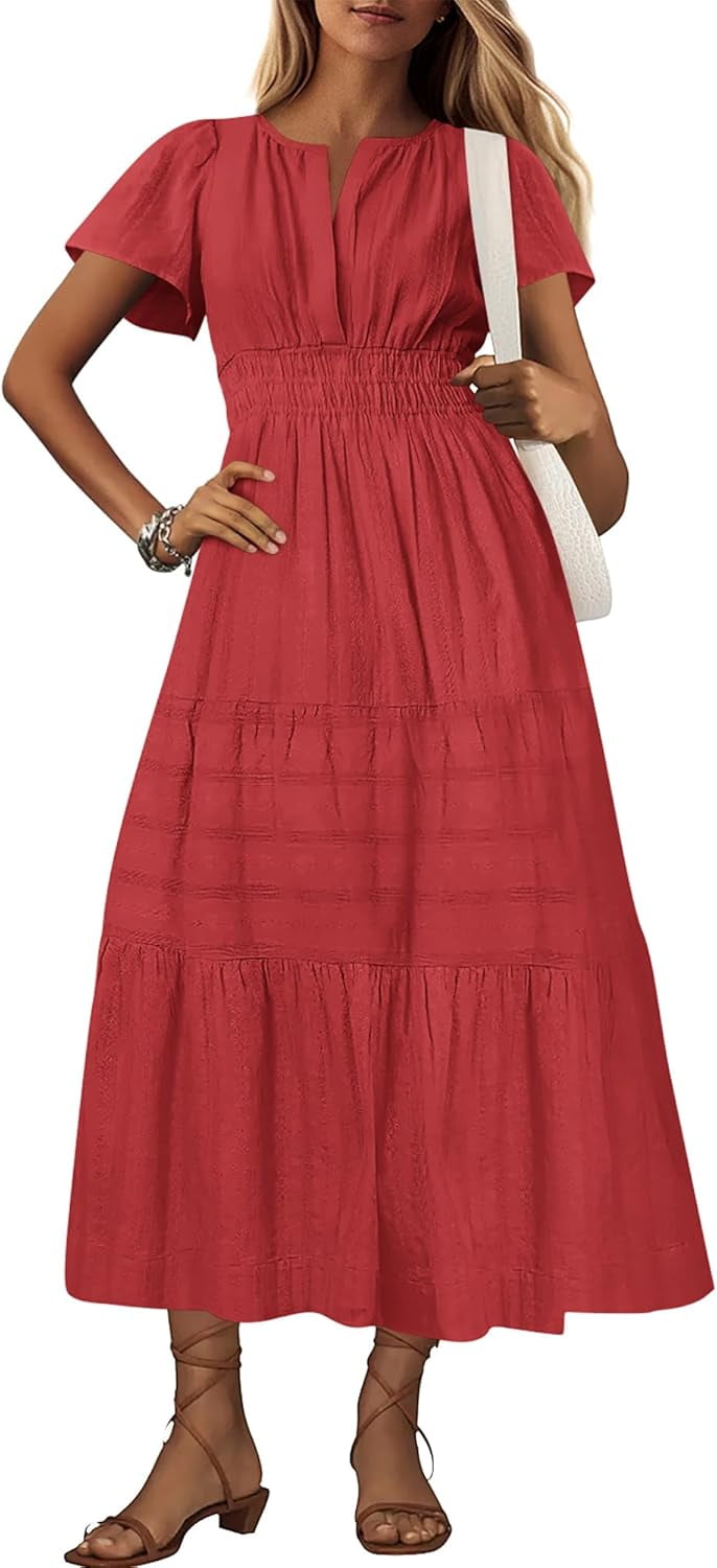 Womens Summer Maxi Dresses Short Sleeve High Waist Tiered Flowy A-Line ...