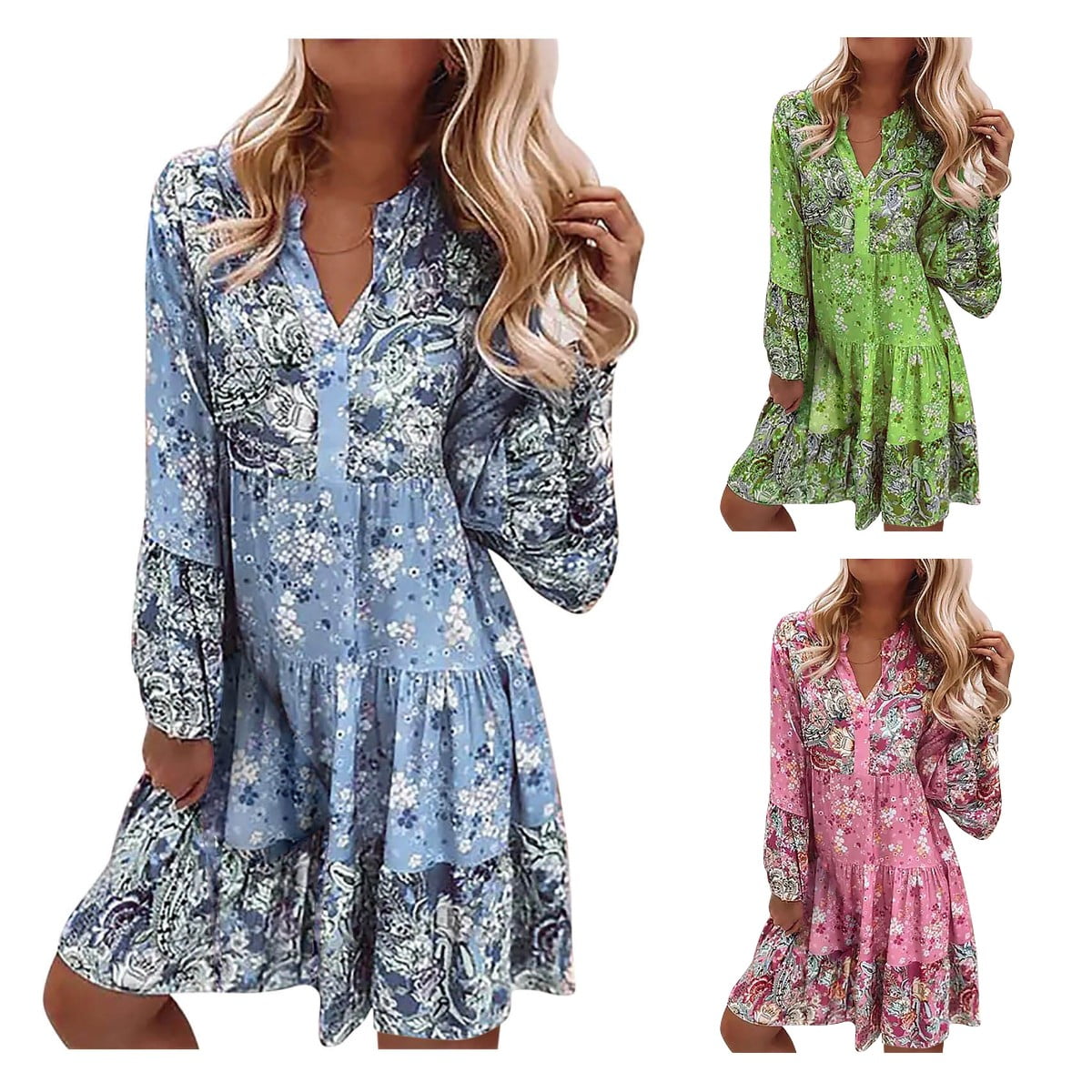 Womens Summer Maxi Dresses V Neck Long Sleeve Floral Print Casual Flowy ...