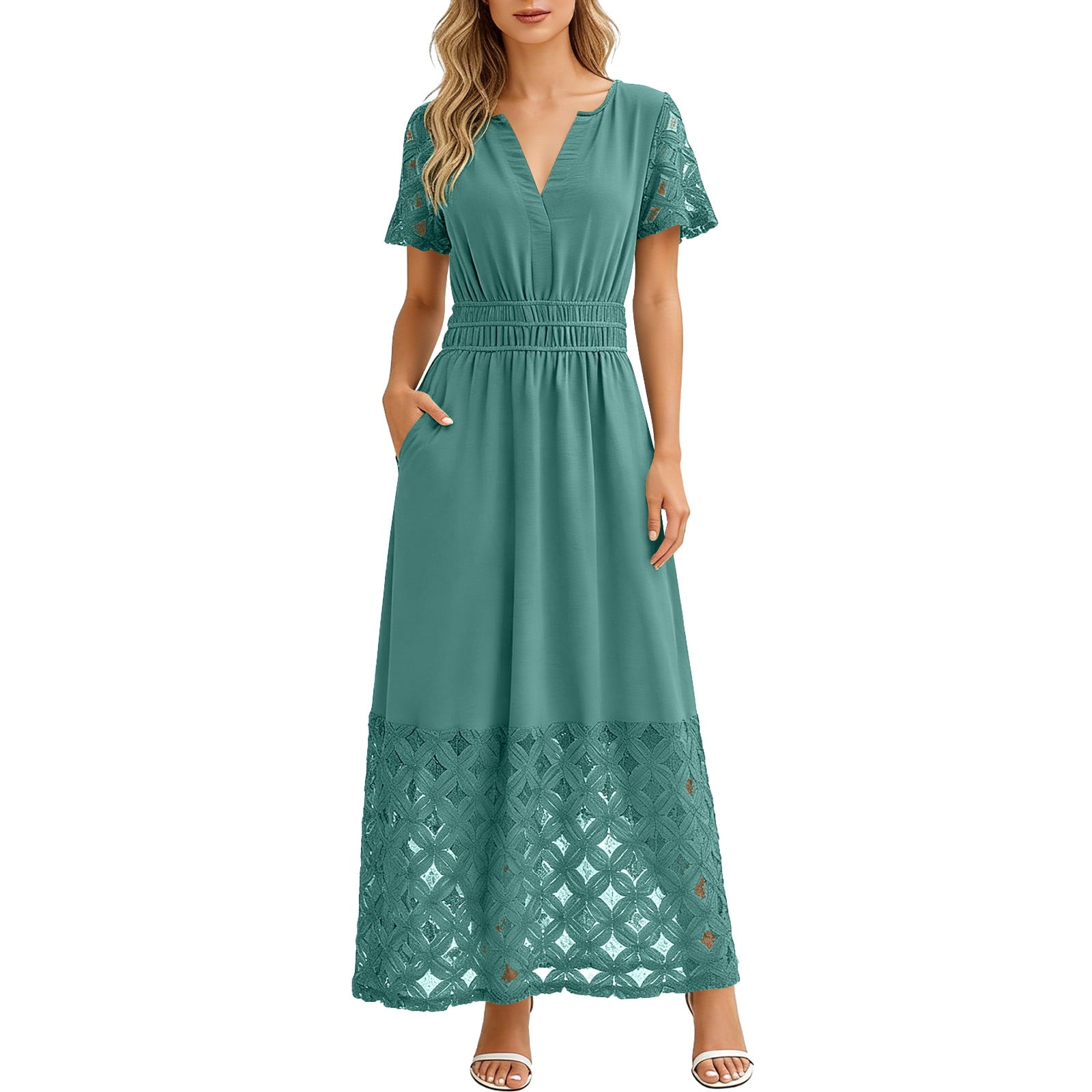 Womens Summer Mesh Eyelet Maxi Dress 2026 V Neck Empire Waist Long ...