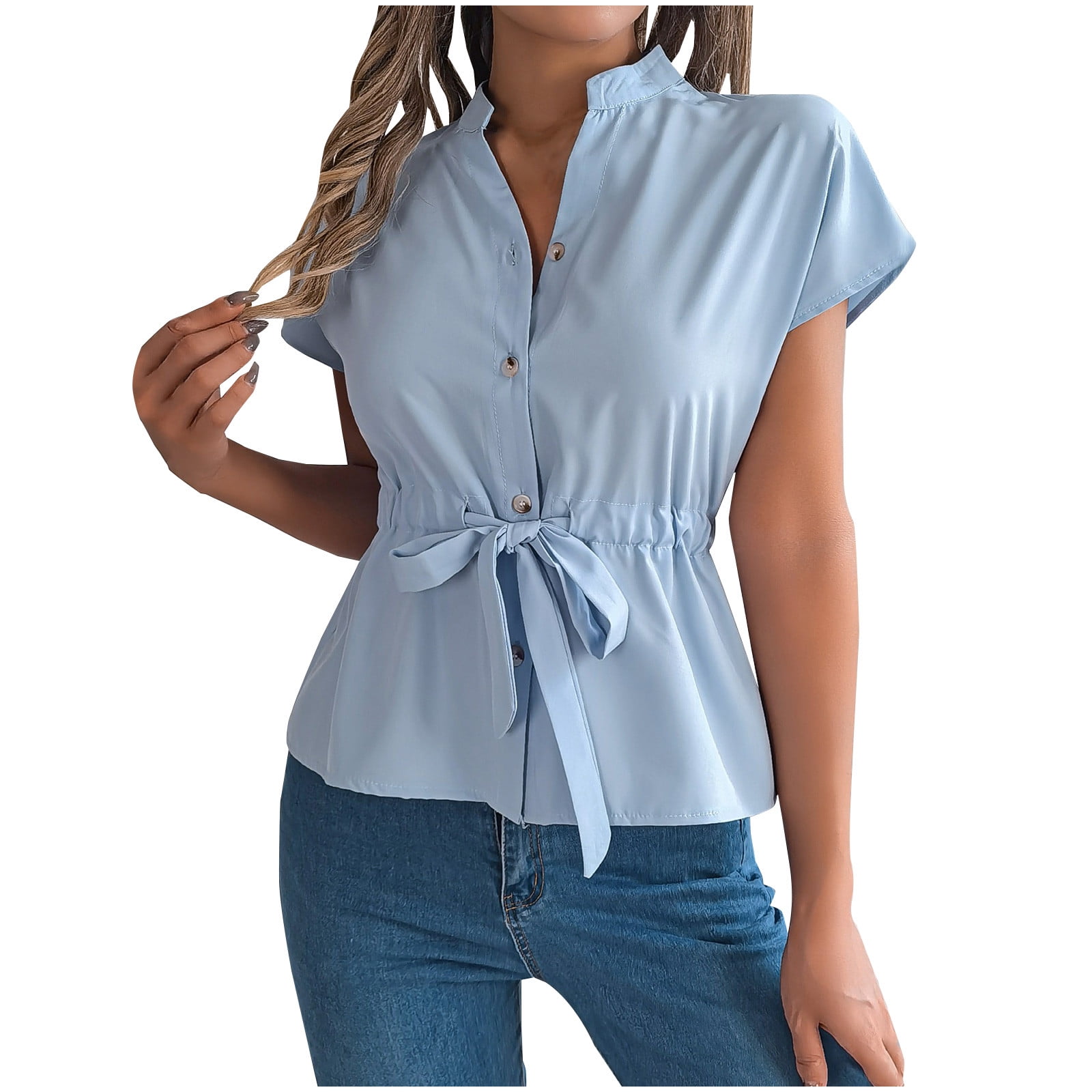 Womens Summer Peplum Tops Button V Neck Short Sleeve Drawstring Waist ...