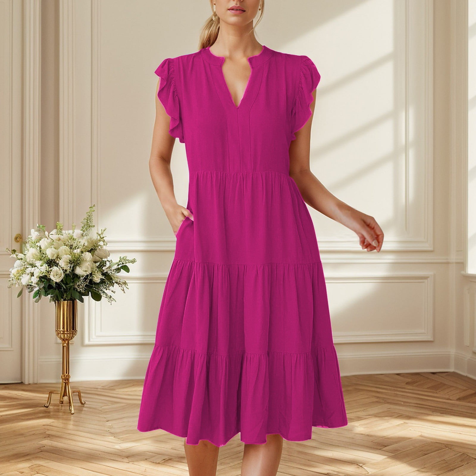 Womens Summer Ruffle Sleeve V Neck Midi Dress 2024 Fashion Casual Fit ...