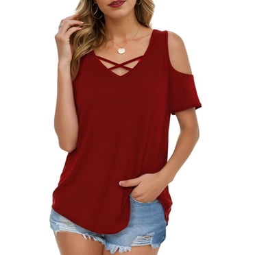 ANYJOIN Women's Summer Tunic Tops, Cold Shoulder Blouse, Short Sleeve ...