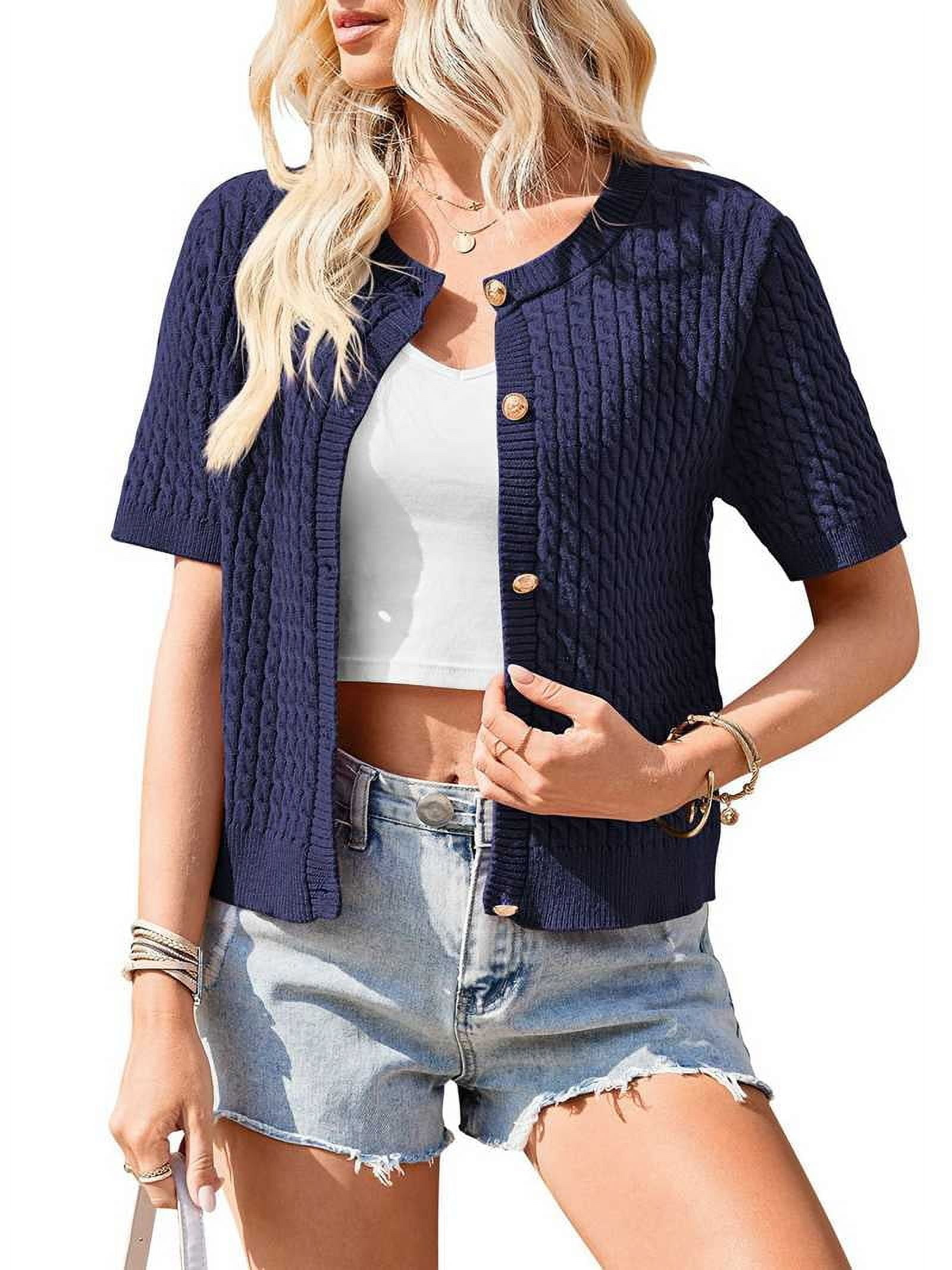Womens Summer Short Sleeve Cardigan Cable Knit Cropped Button Down ...