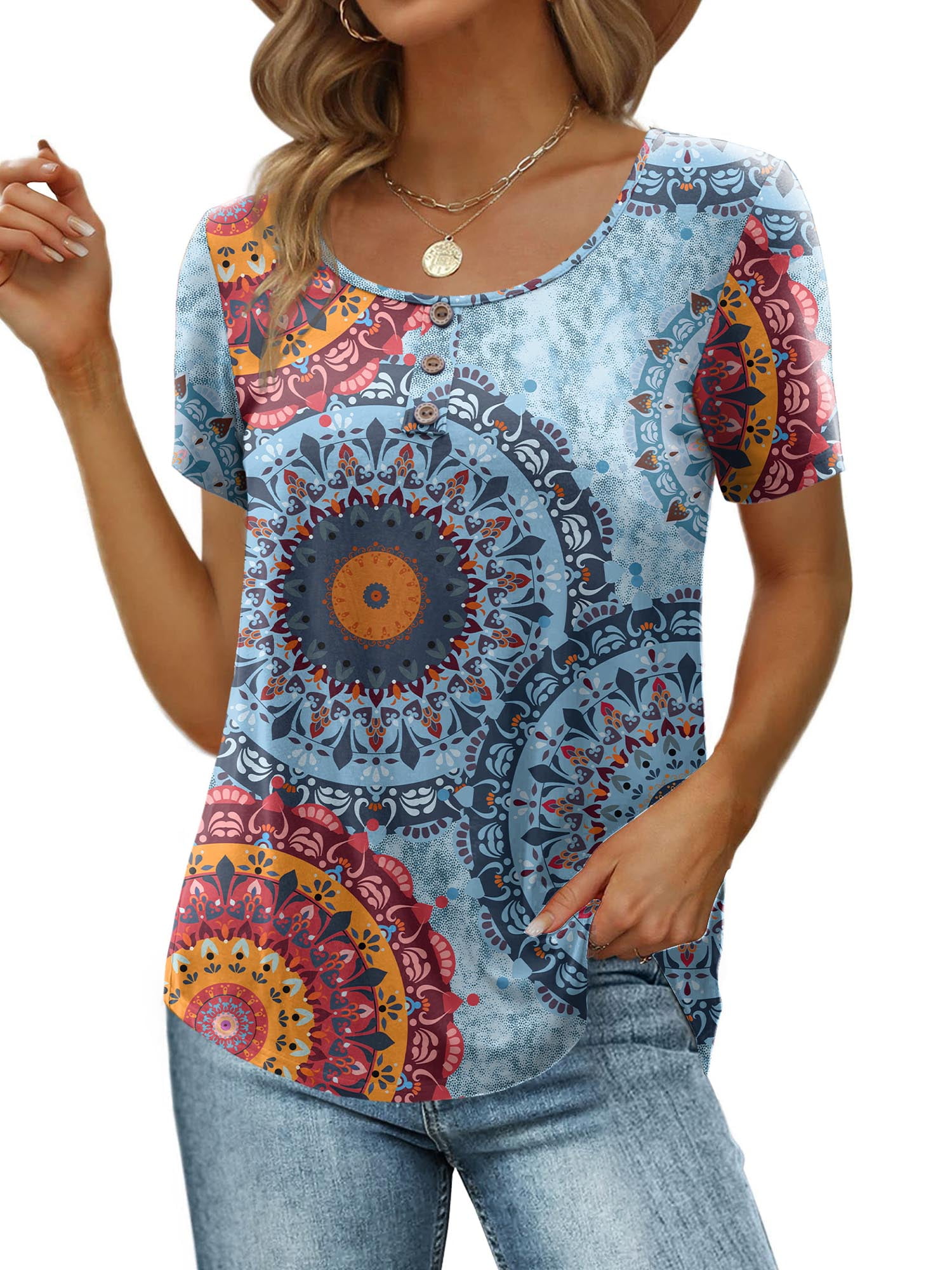 Womens Summer Short Sleeve Shirts Button Up Tunic Tops Casual Blouse ...