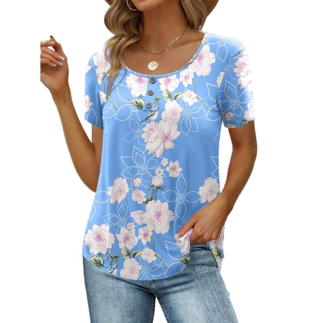 Womens Summer Short Sleeve Shirts Button Up Tunic Tops Casual Blouse ...