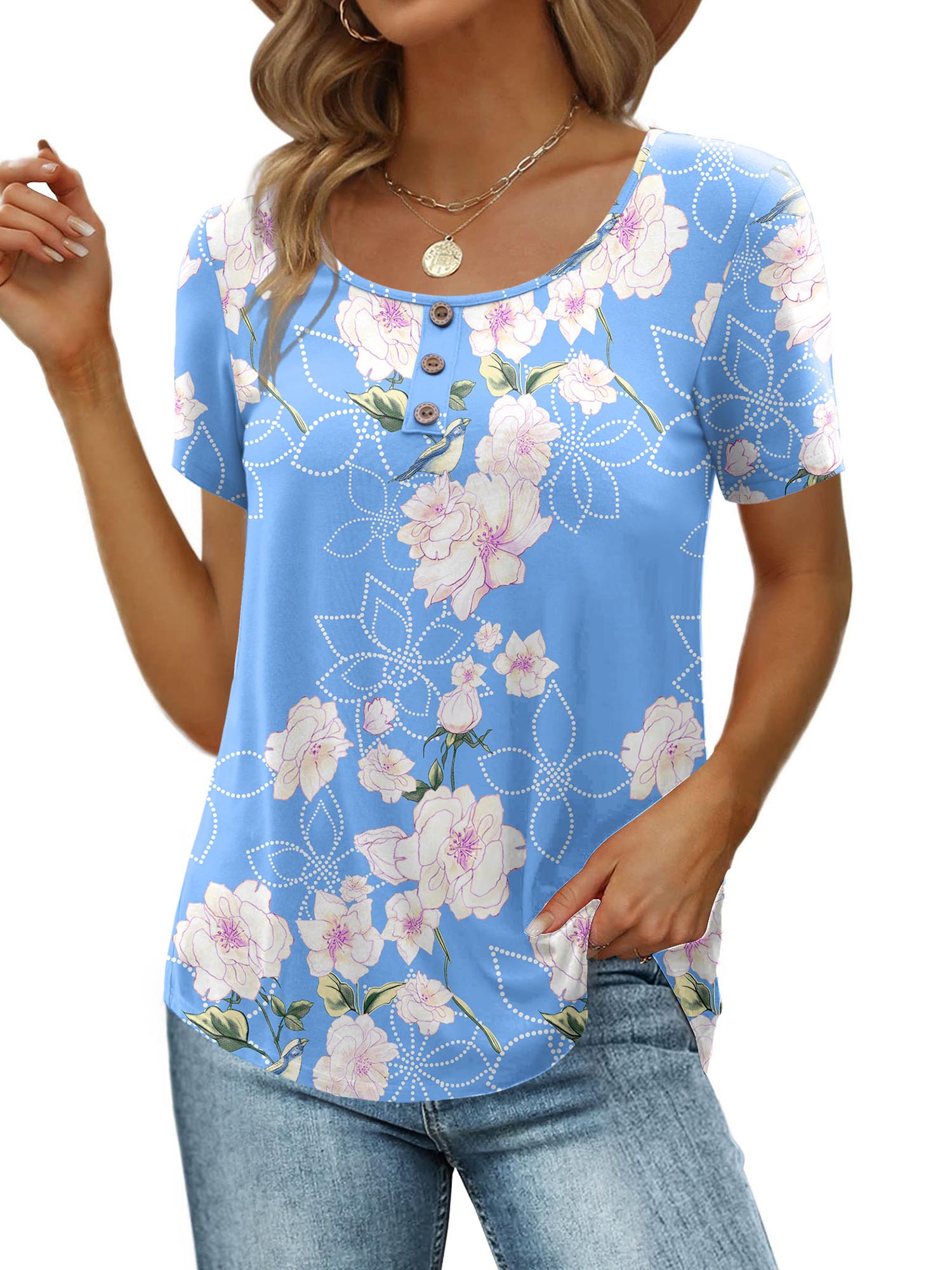 Otvok Womens Clearance Tops Casual Button Floral Print Short Sleeve T