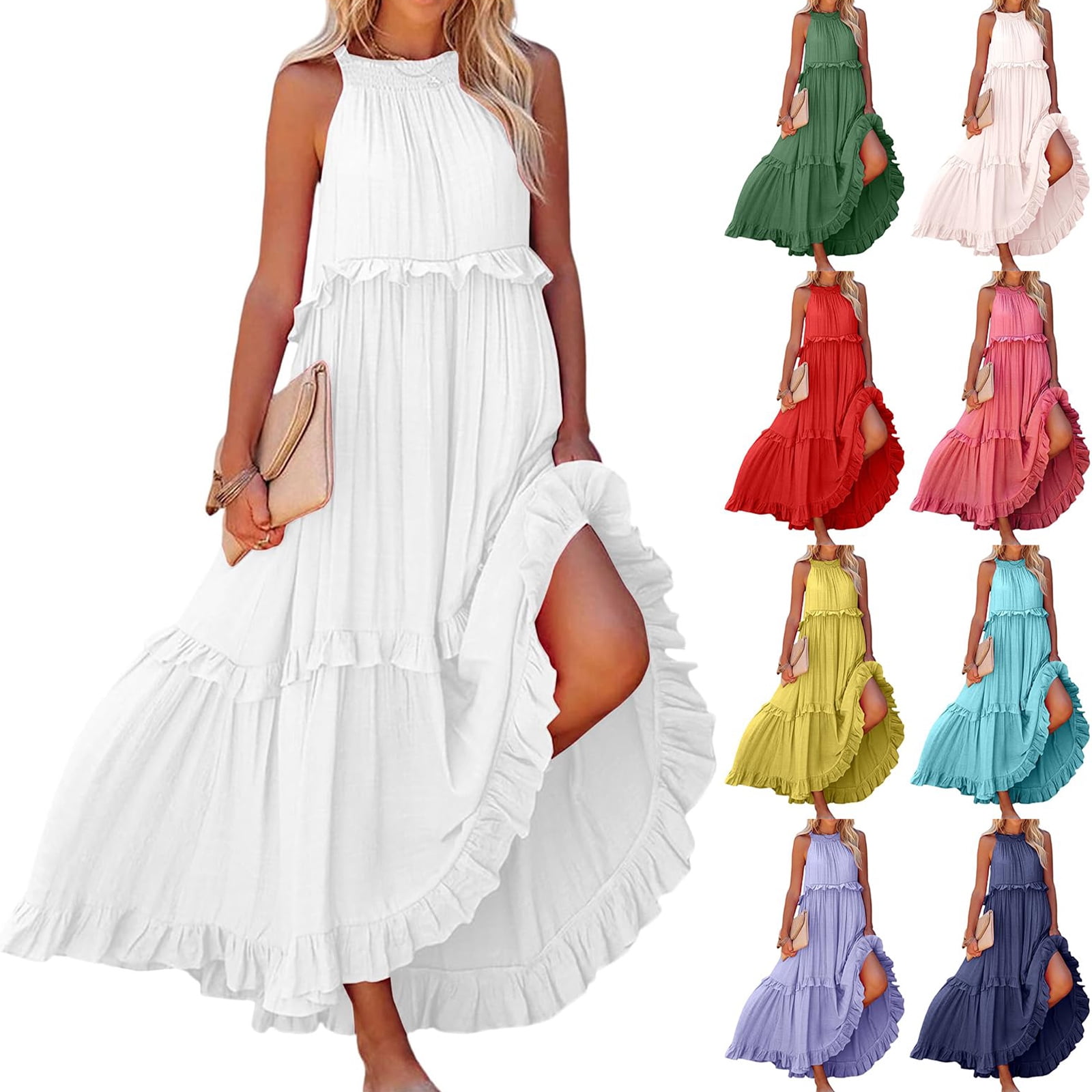 Womens Summer Sleeveless Dresses Halter Tie Back Ruffled Tiered Maxi ...