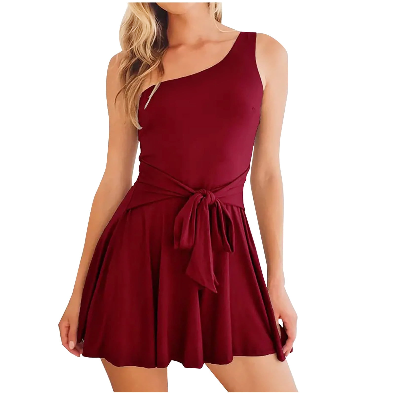 Womens Summer Sleeveless One Shoulder Rompers Solid Belted Pleated ...