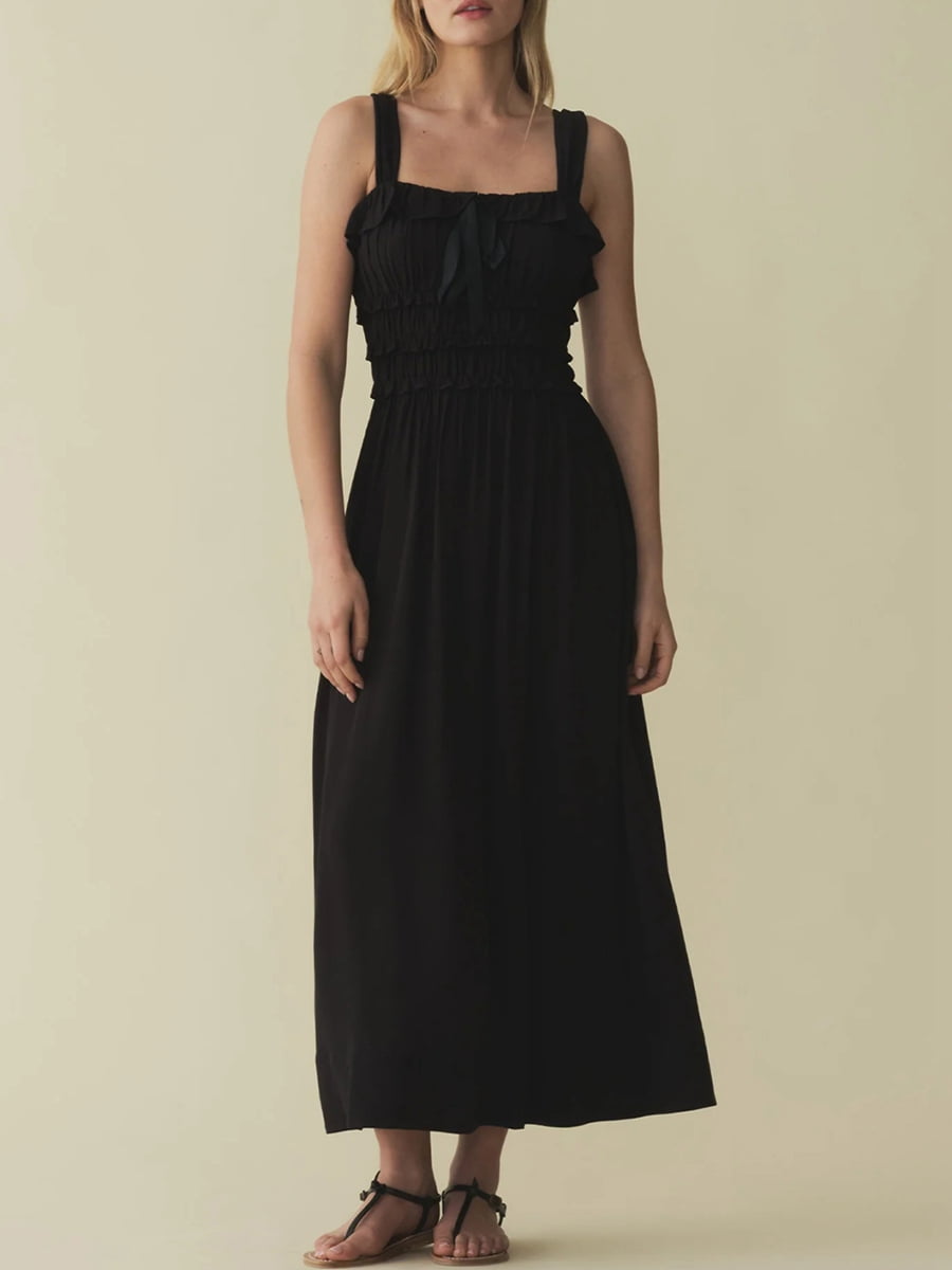 Womens Summer Spaghetti Strap Long Dress Ruched Low Cut Backless Swing ...