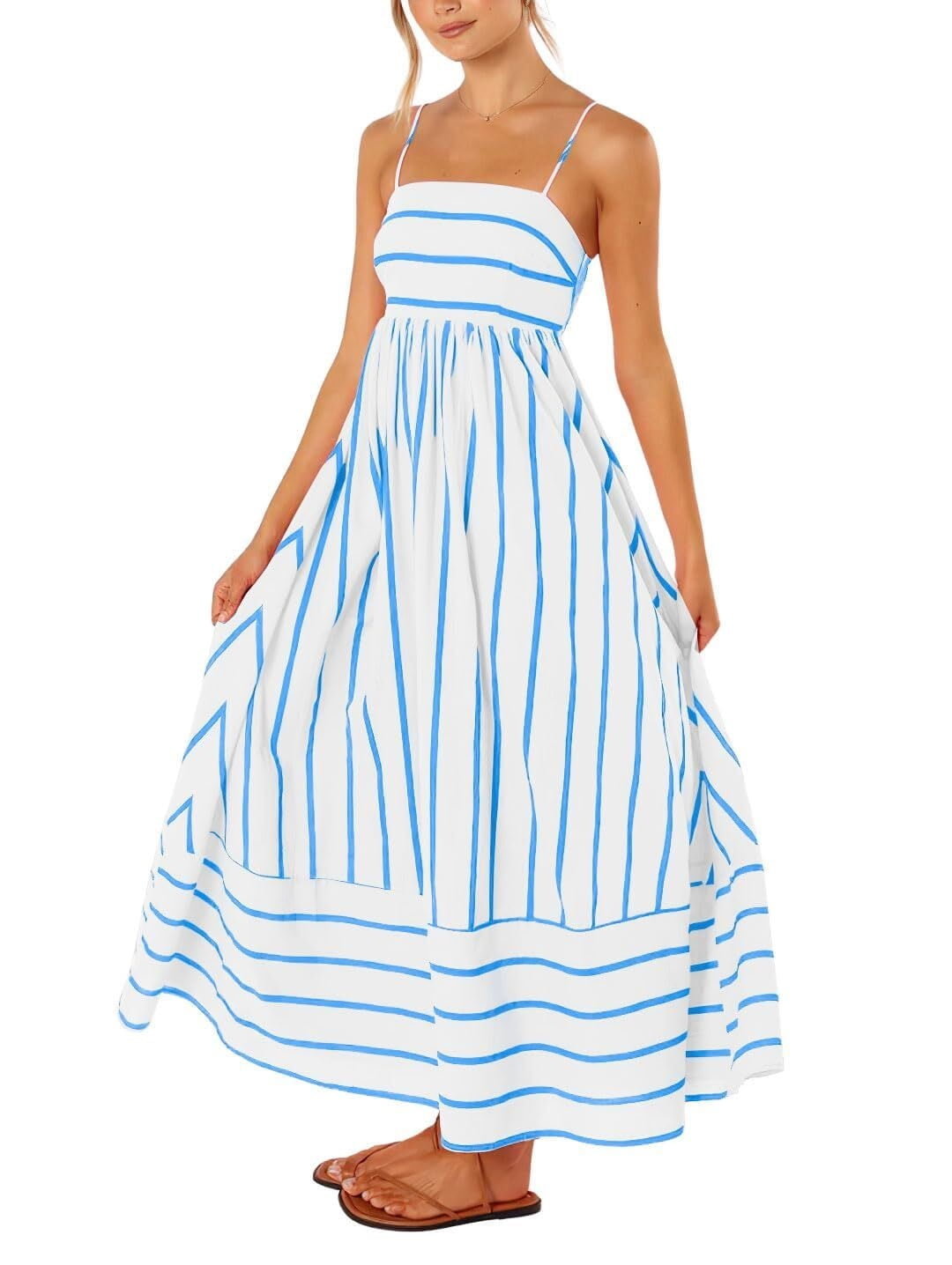 Womens Summer Striped Back Smocked Maxi Sundresses Spaghetti Strap Cut ...
