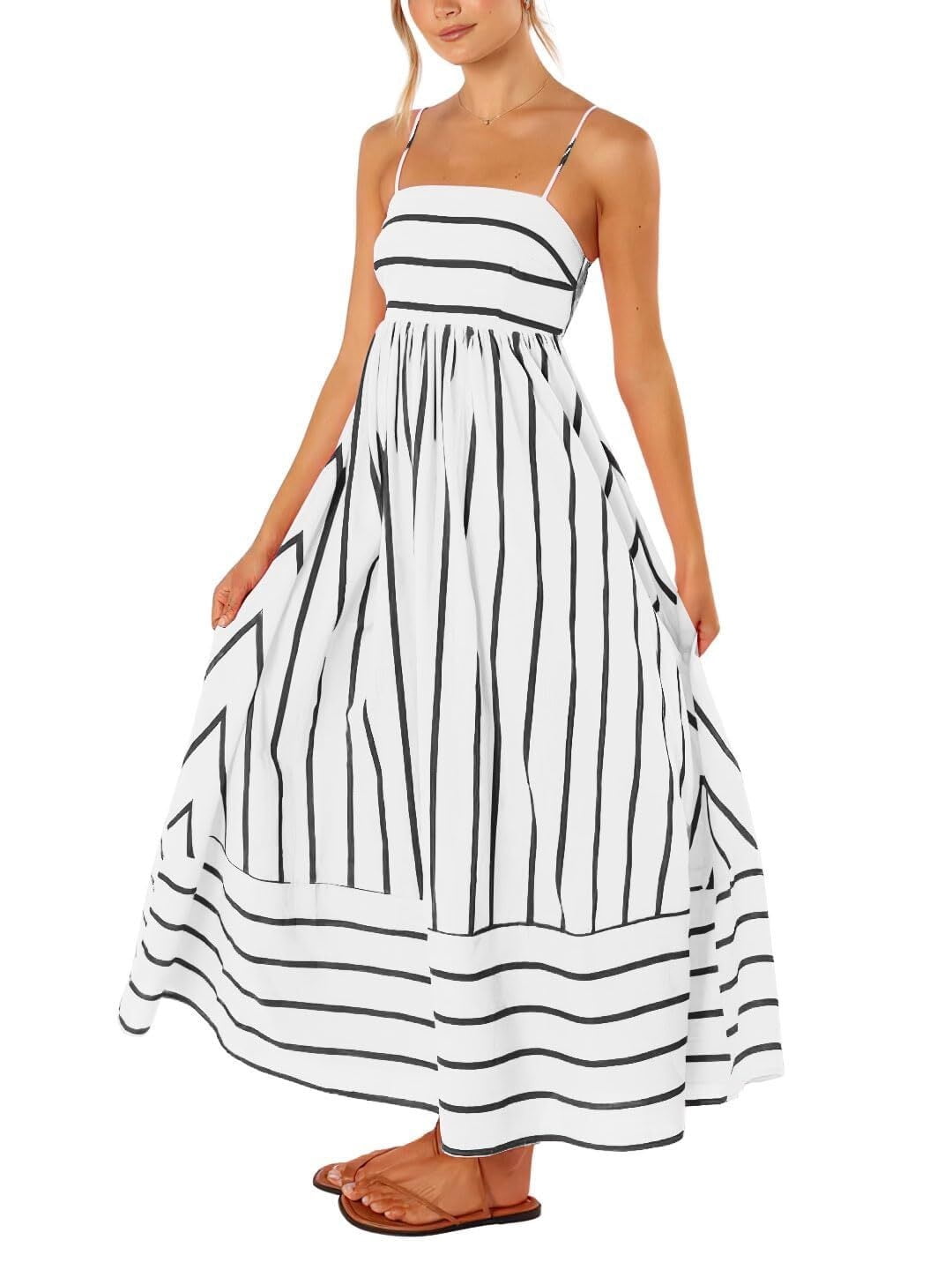 Womens Summer Striped Back Smocked Maxi Sundresses Spaghetti Strap Cut ...