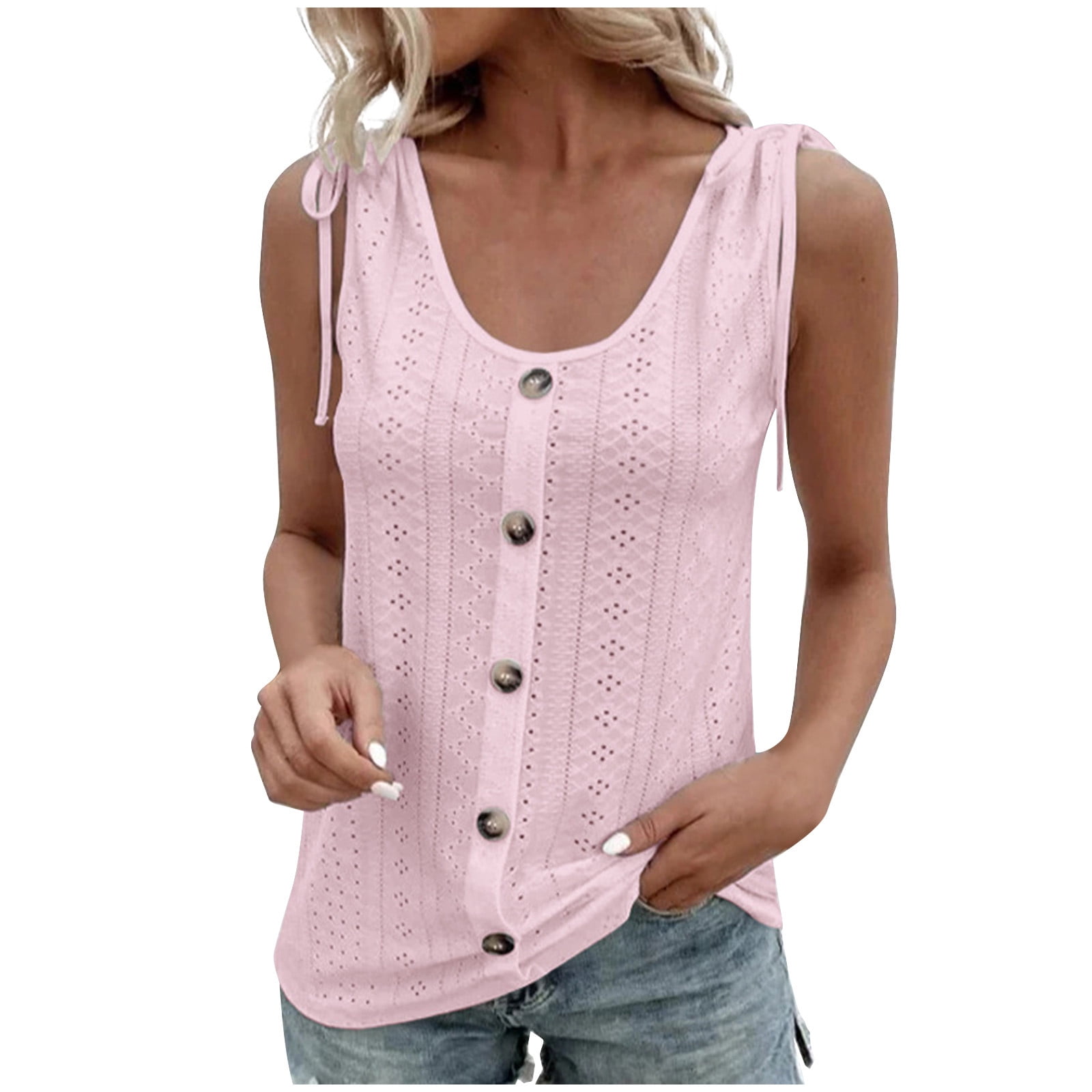 Womens Summer Tank Tops U Neck Sleeveless Tie Knot Strap Eyelet Cami ...