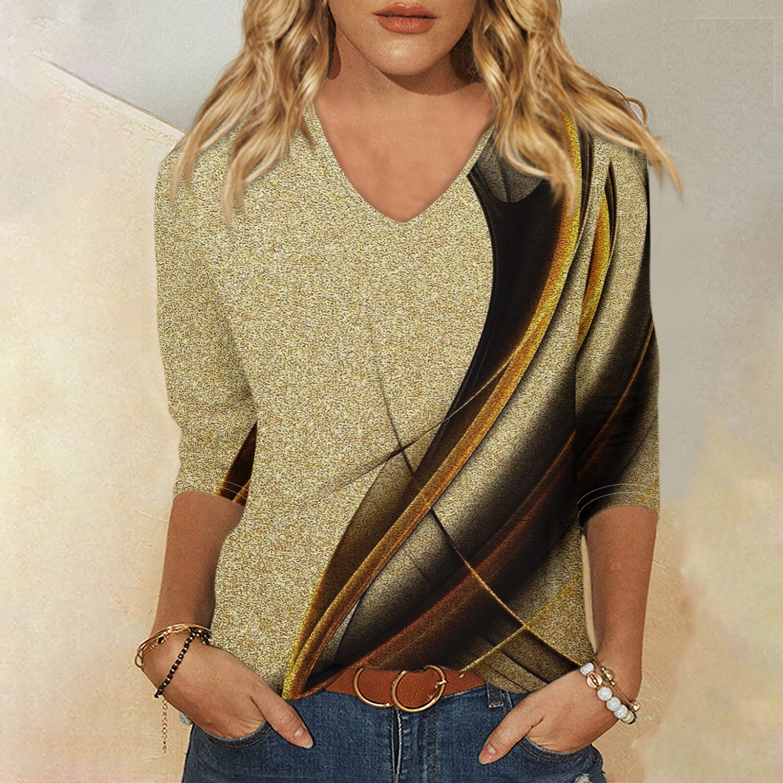 Womens Summer Tops 2024 Casual 3/4 Sleeve T-Shirt V-Neck 3D Camouflage ...