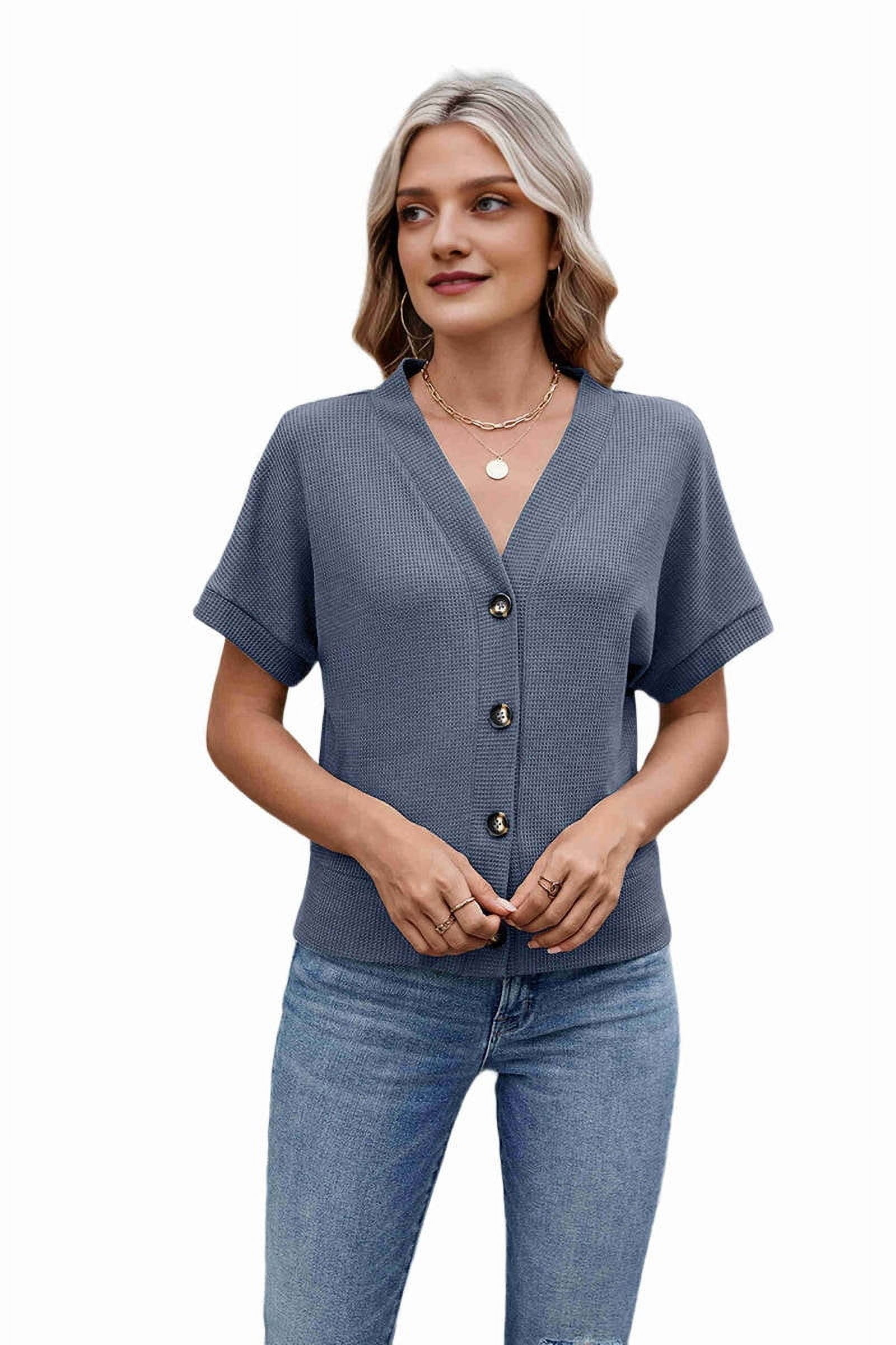 Womens Summer Tops 2025 Waffle Knit Button Down Shirts Casual V Neck ...