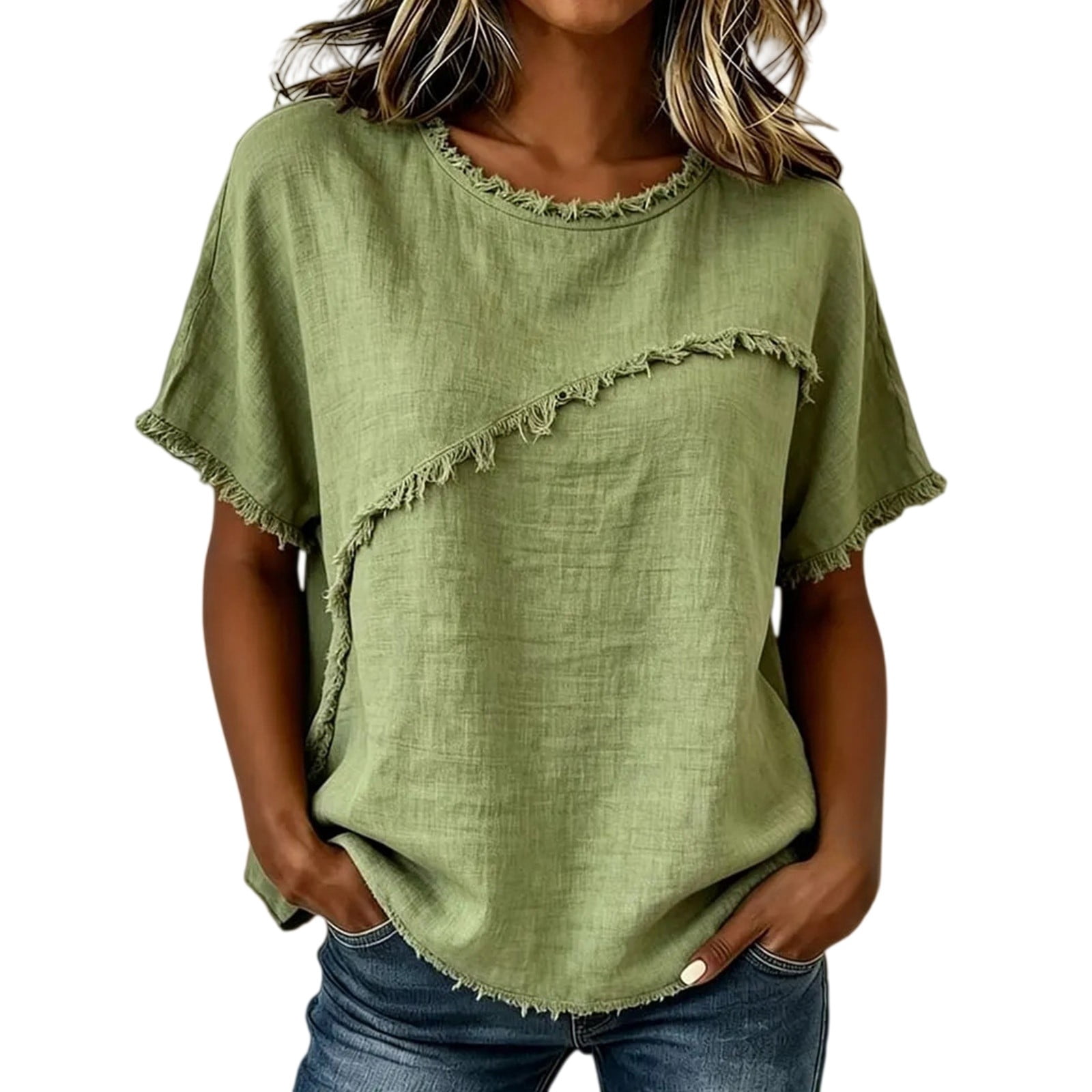 Womens Summer Tops 2026 New Round Neck Short Sleeve Fringe Patch Cotton ...