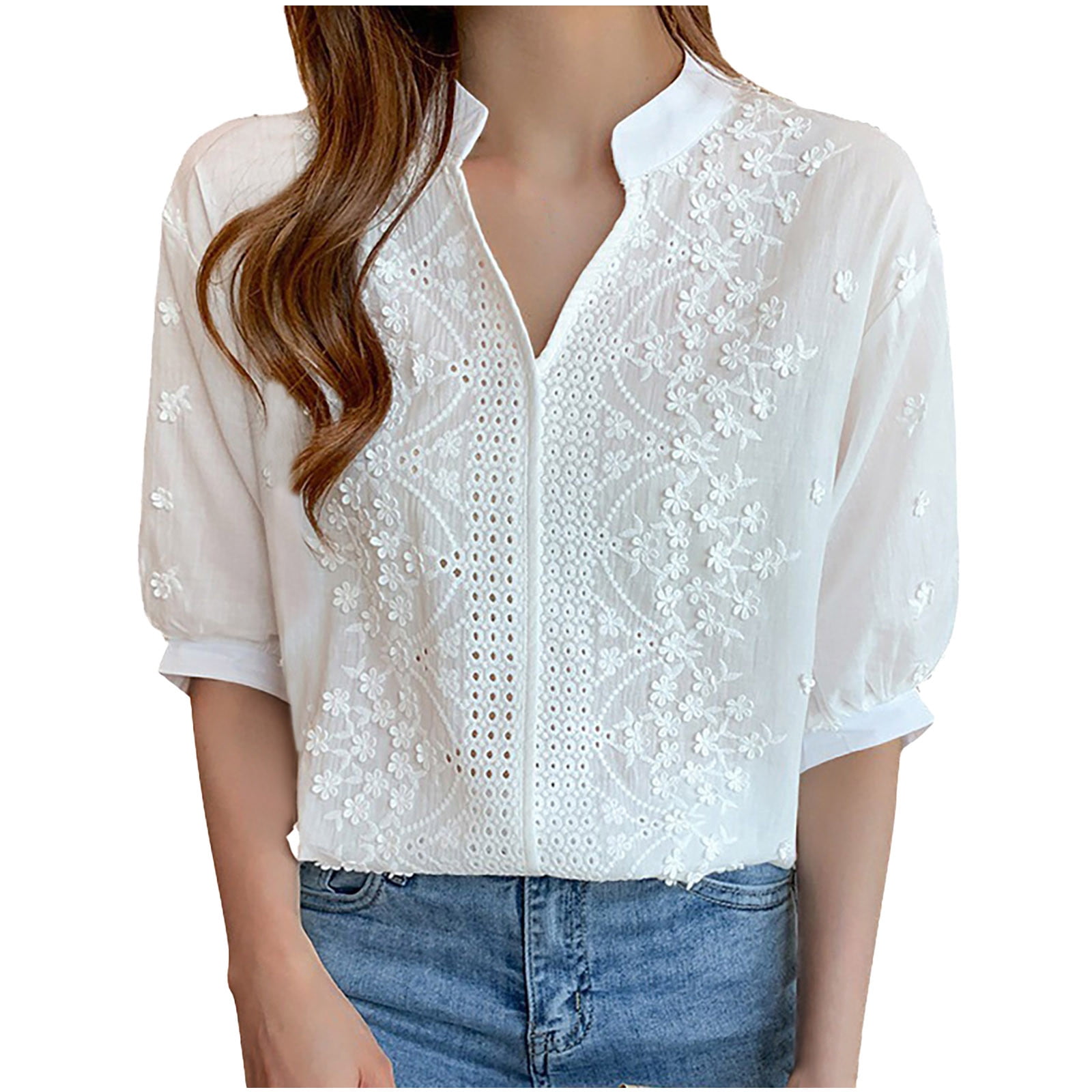 Womens Summer Tops Casual Boho White Blouse for Women Dressy Petite ...