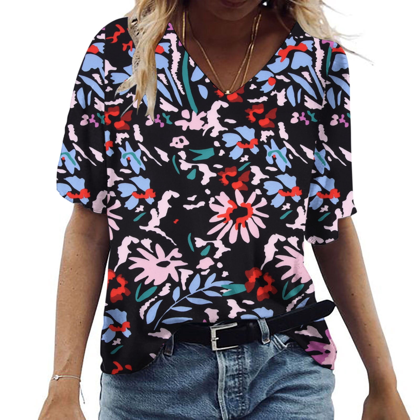 Womens Summer Tops Casual Women's Plus Size Scenic Flowers Printing V ...