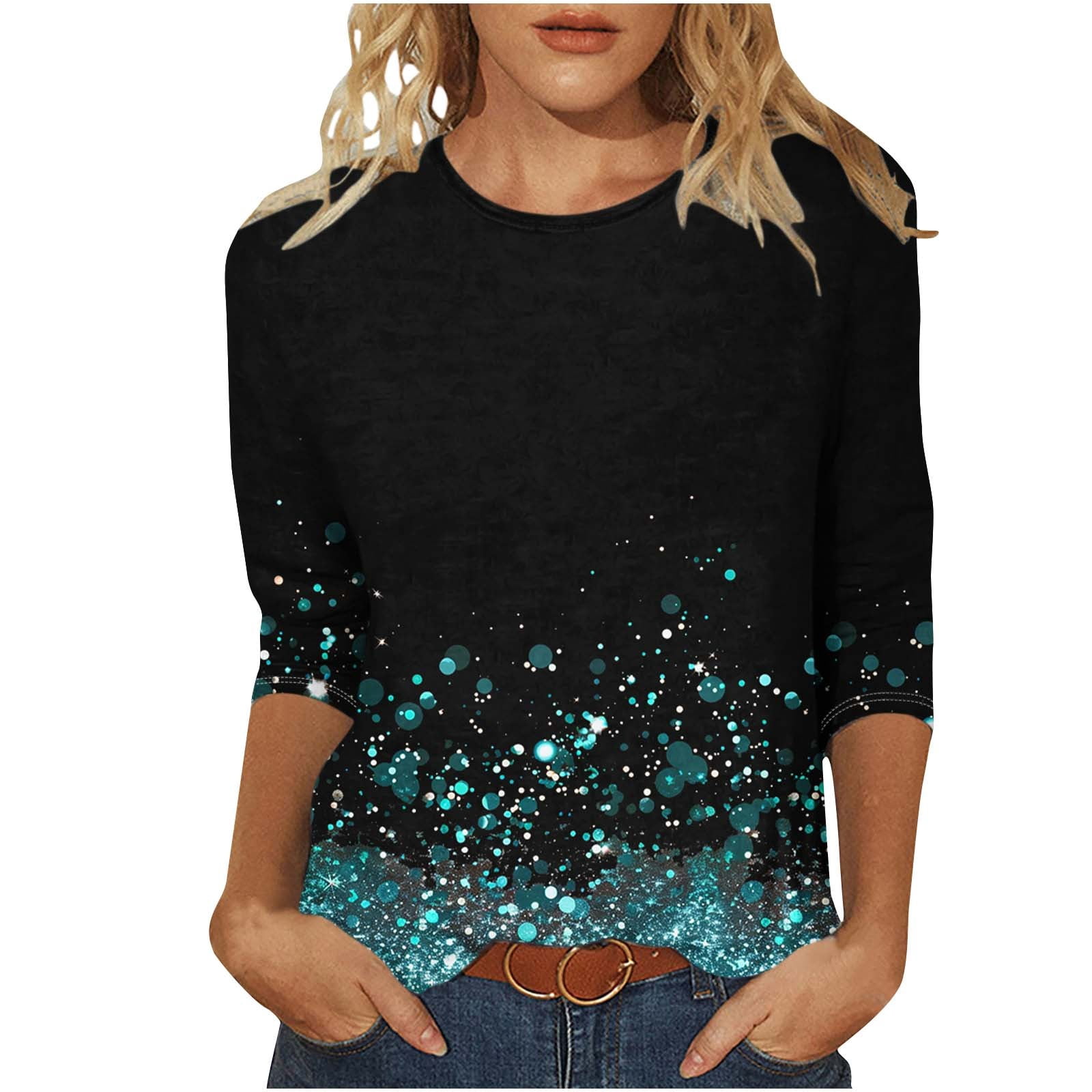 Womens Summer Tops Fall Printed 3/4 Length Sleeve Crew Neck Shirts ...