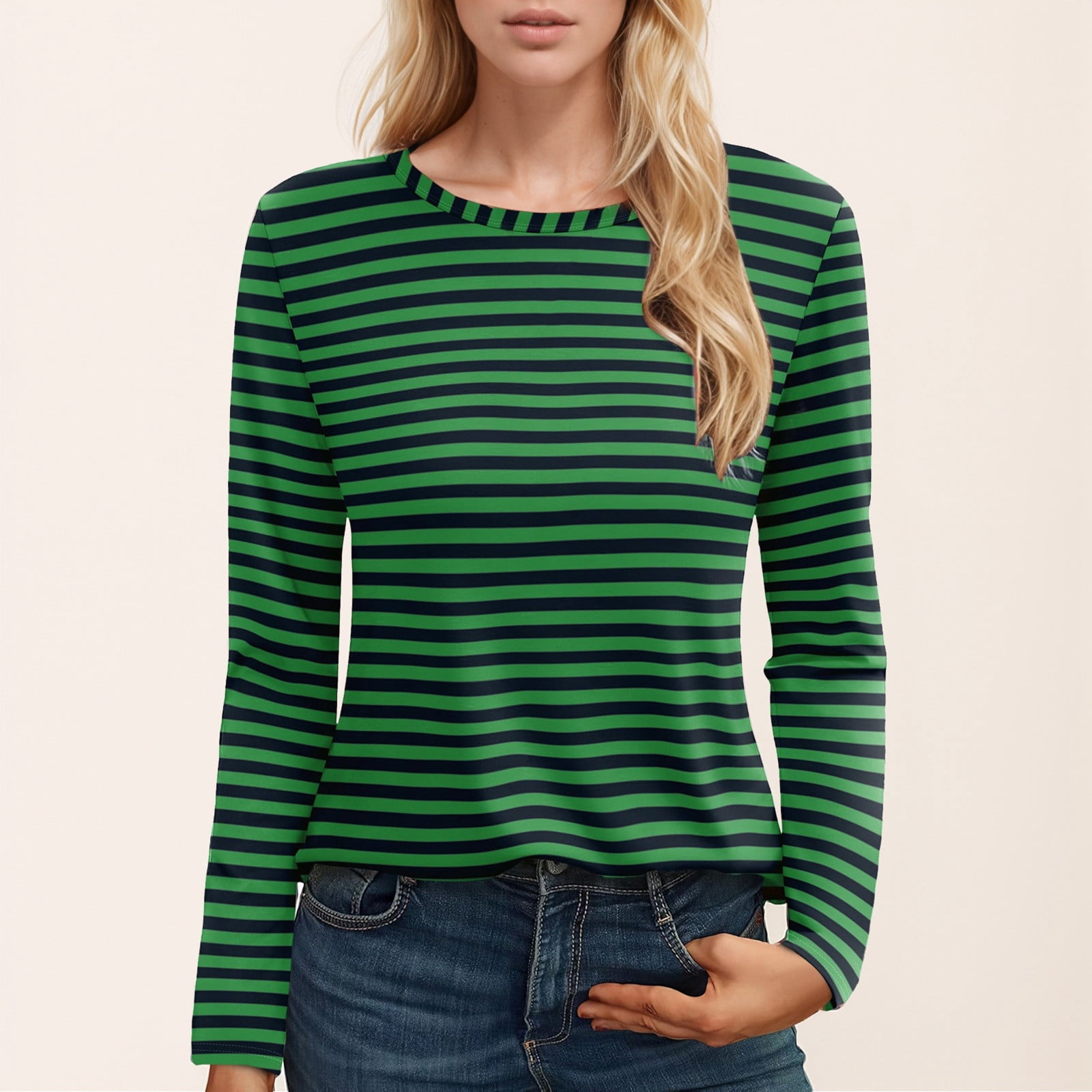 Womens Summer Tops Long Sleeve Striped Printed T-Shirt Crew Neck Cute ...