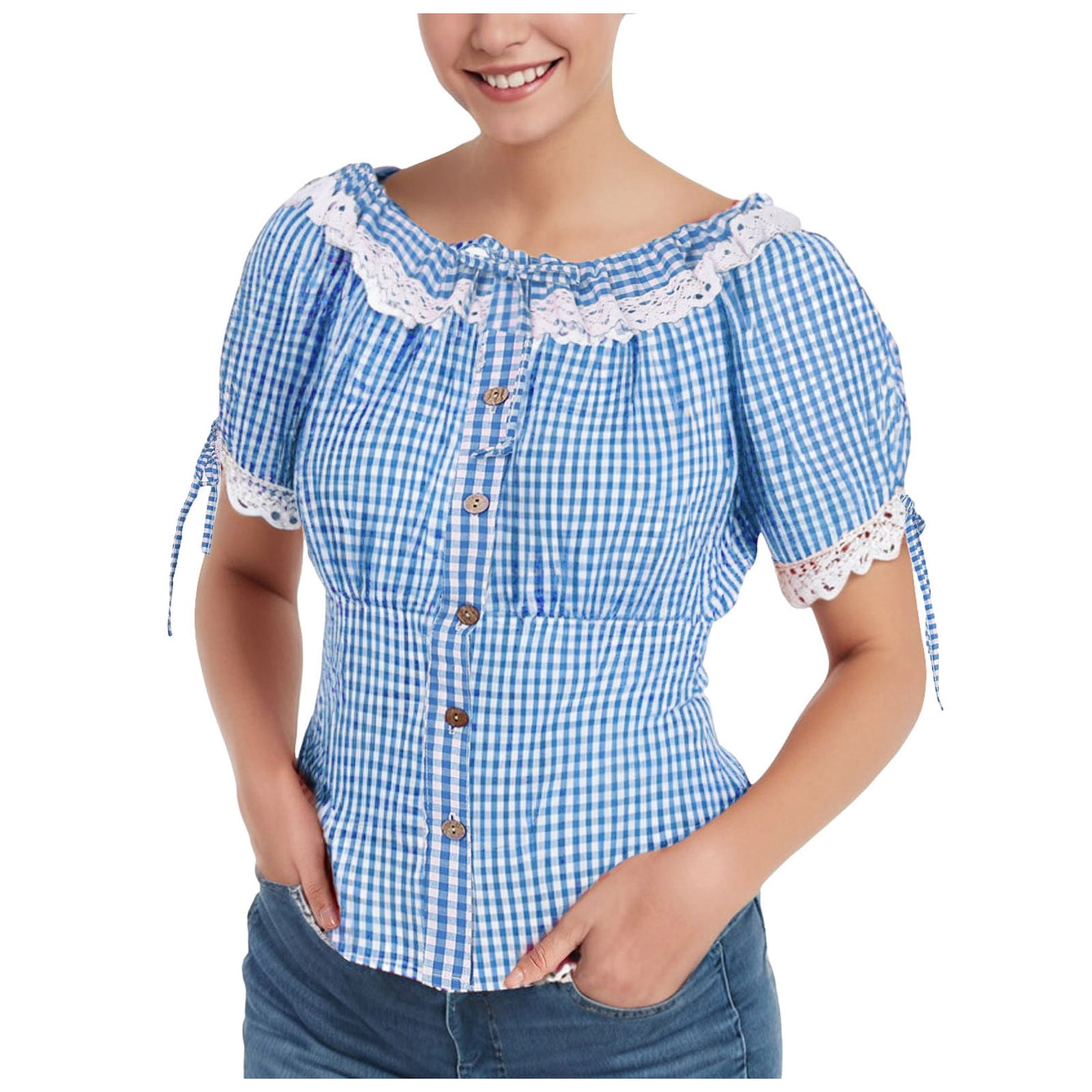 Womens Summer Tops Oktoberfest Blouse Red White Checked Folk Festival ...