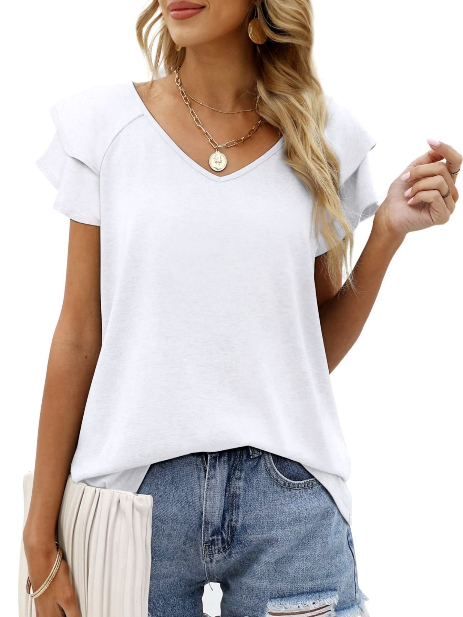 Womens Summer Tops Ruffle Short Sleeve V Neck T-Shirts Casual Loose Fit ...