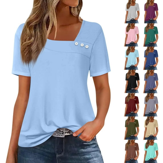 Womens Summer Tops Short Sleeve Shirts Slant Neck Spring Outfits 2026 ...