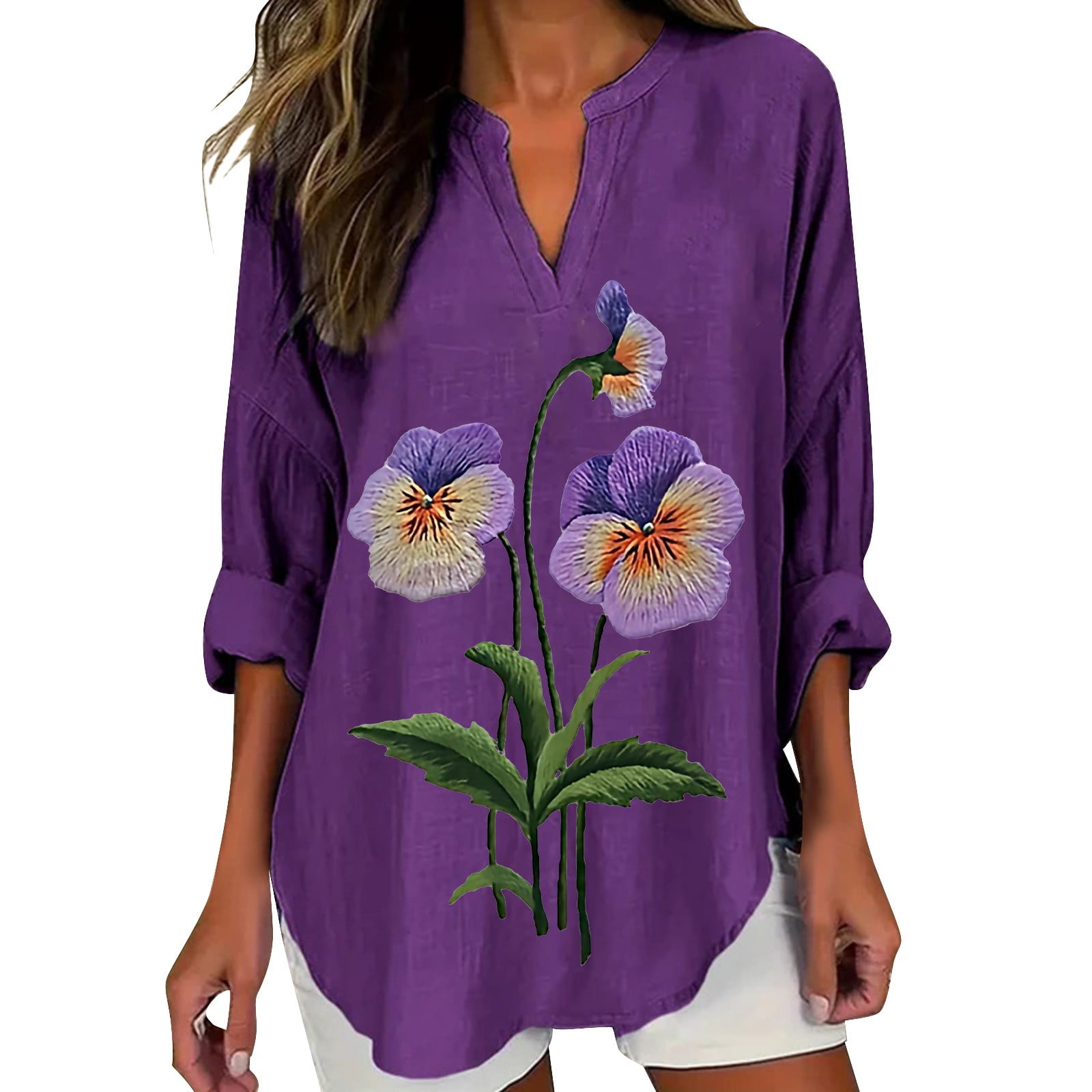 Womens Summer Tops V Neck Purple Floral Printed Casual T Shirts Short ...